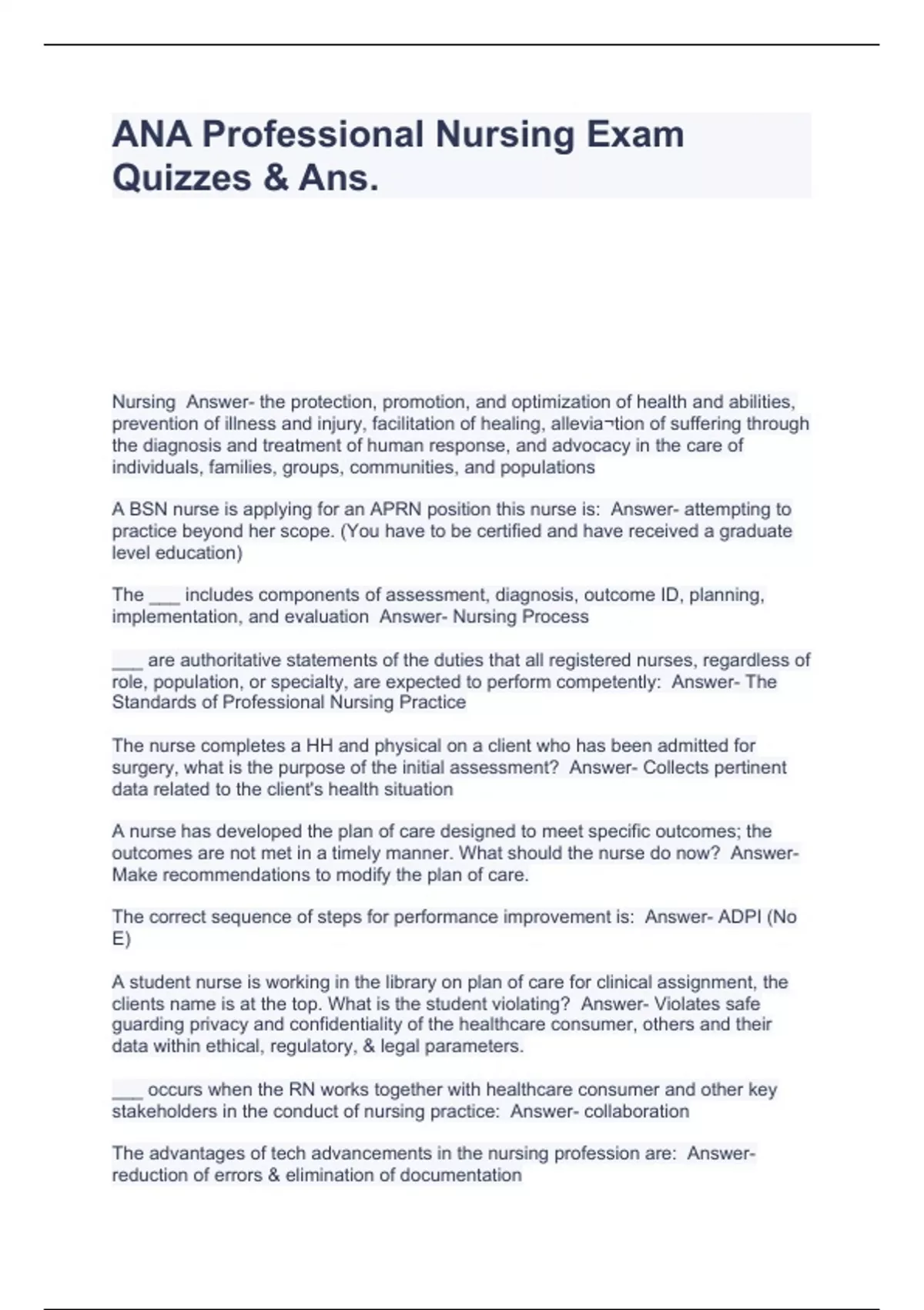 ANA Professional Nursing Exam Quizzes & Ans. - ANA - Stuvia US