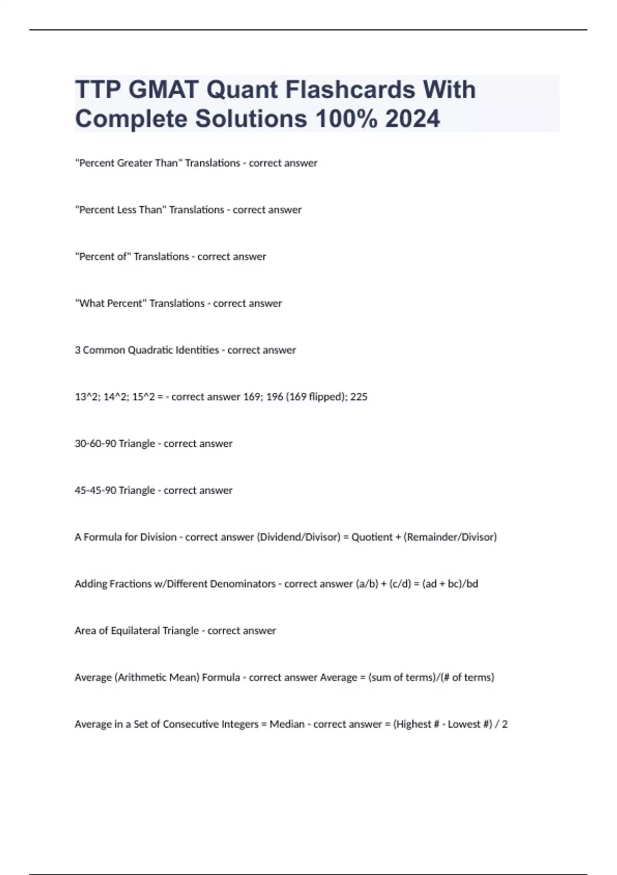 TTP GMAT Quant Flashcards With Complete Solutions 100% 2024 - GMAT - Stuvia US