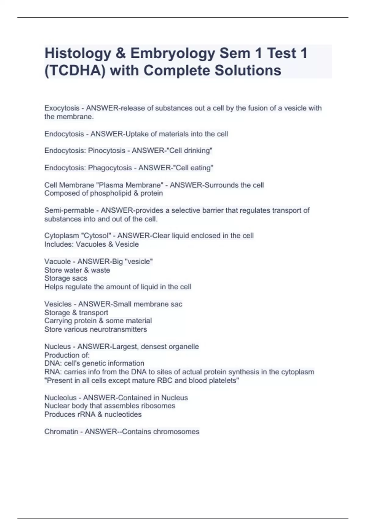 Histology & Embryology Sem 1 Test 1 (TCDHA) with Complete Solutions ...