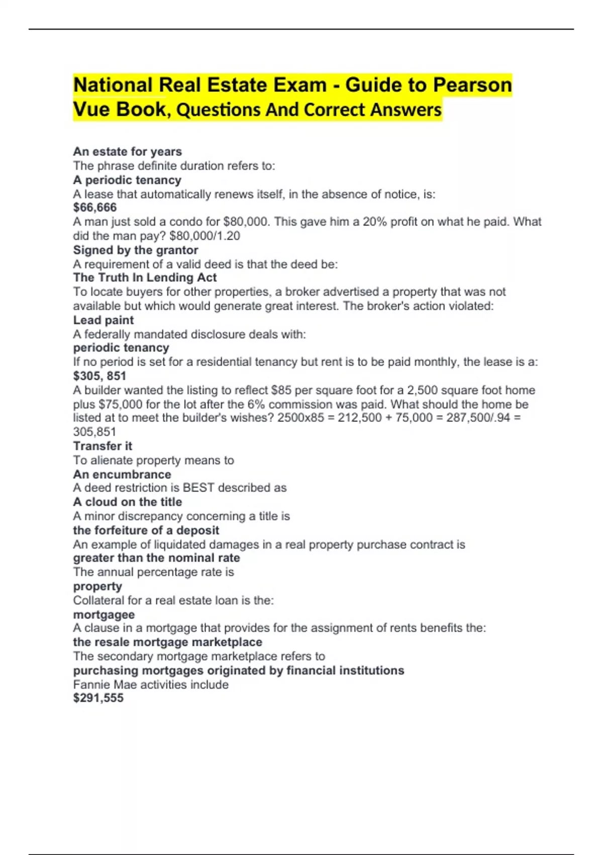 National Real Estate Exam - Guide to Pearson Vue Book, Questions And ...