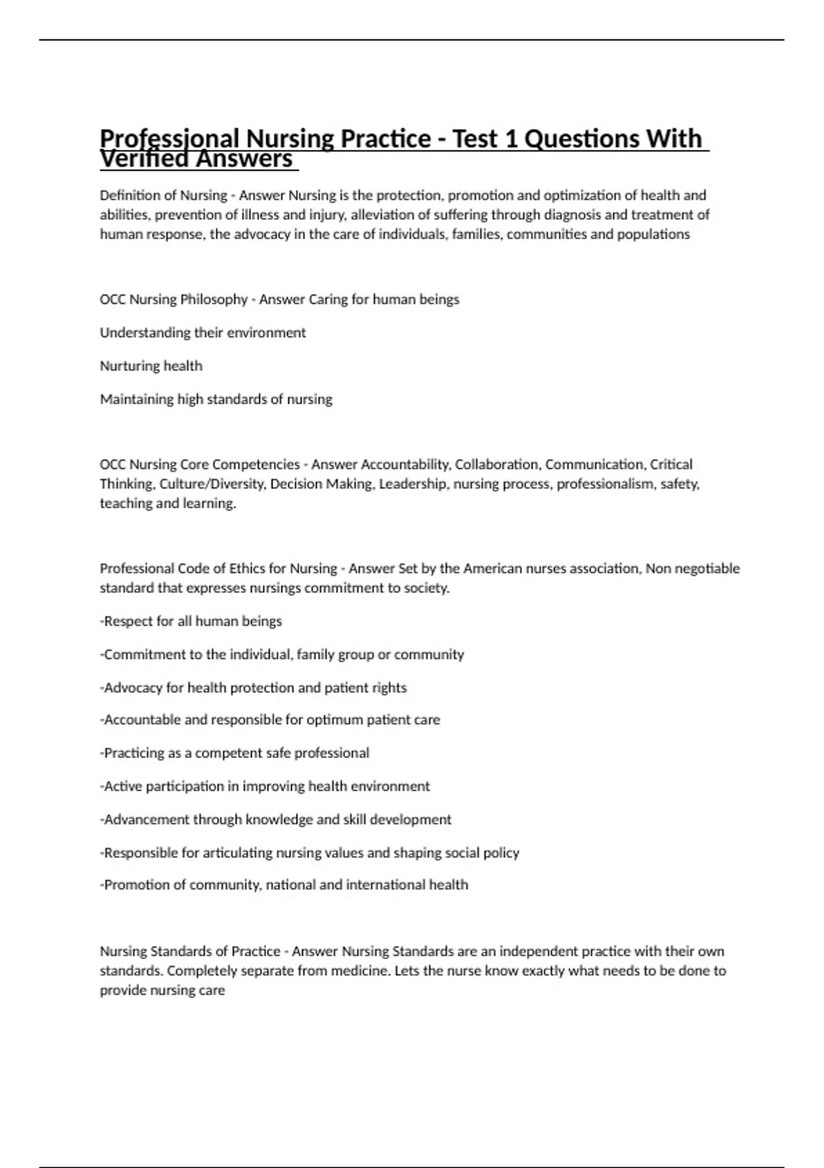 Professional Nursing Practice - Test 1 Questions With Verified Answers ...