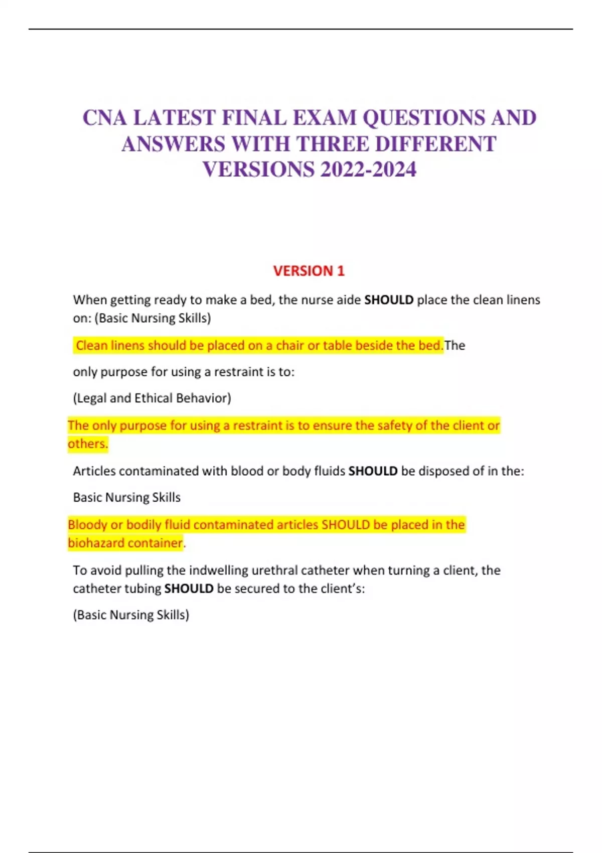CNA LATEST FINAL EXAM QUESTIONS AND ANSWERS WITH THREE DIFFERENT ...