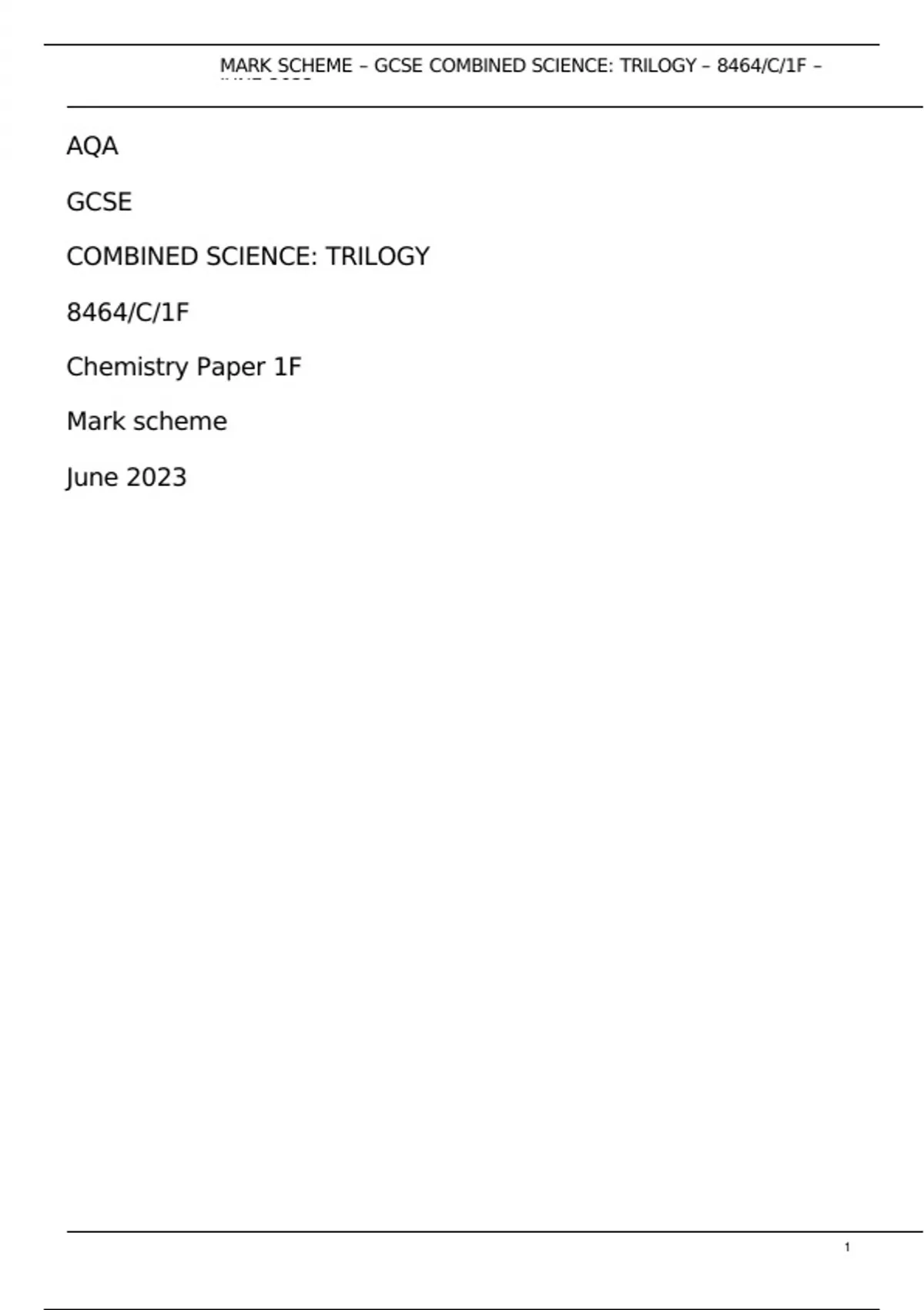 Aqa Gcse Combined Science Trilogy 8464 C 1f Chemistry Paper 1f Mark
