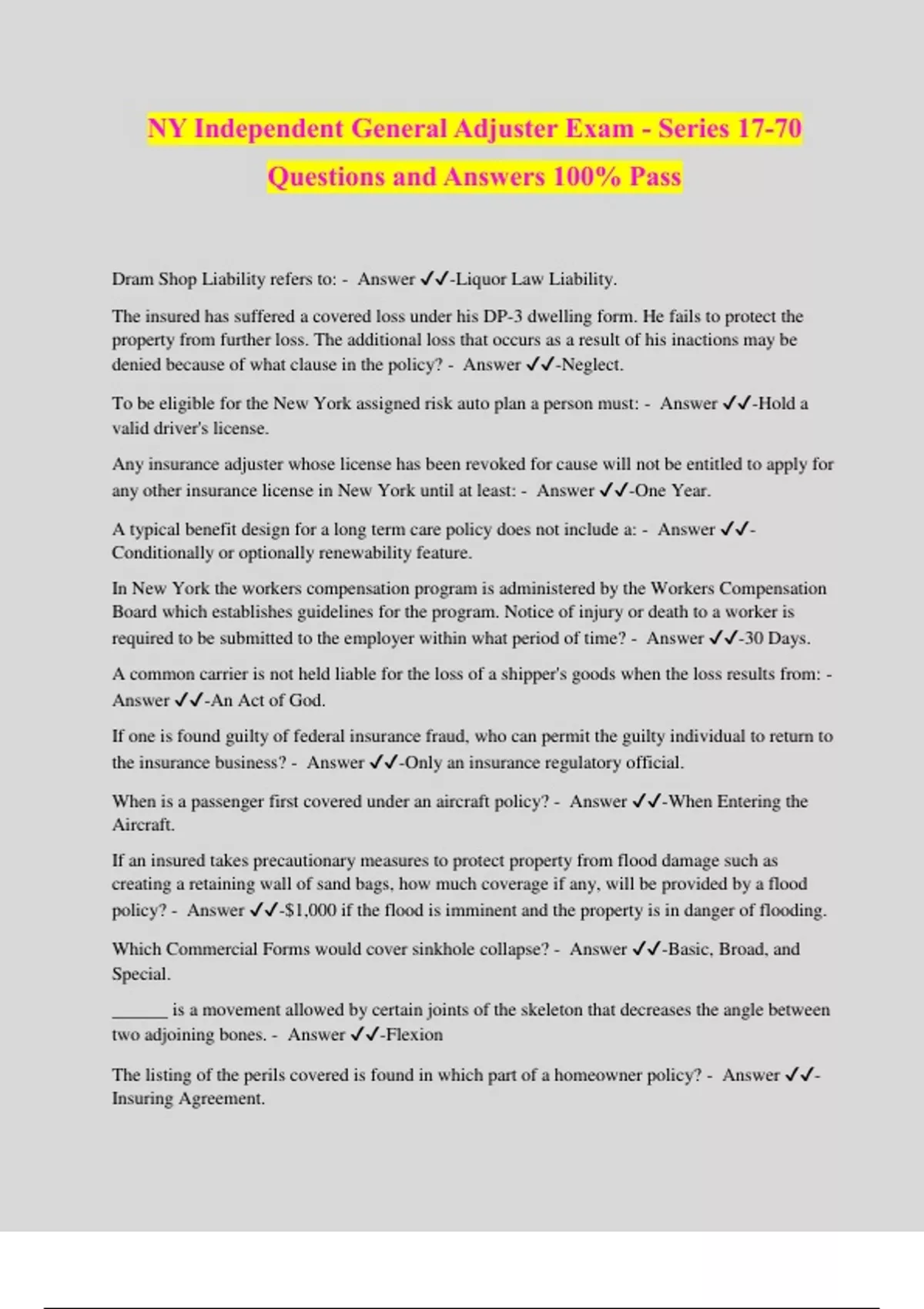 NY Independent General Adjuster Exam - Series 17-70 Questions and ...