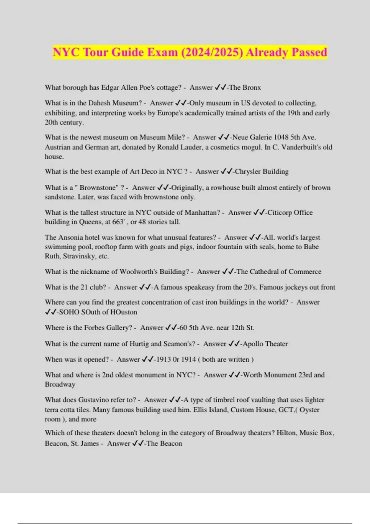 NYC Sightseeing Tour Guide Bundled Exams Questions and Answers | 100% ...