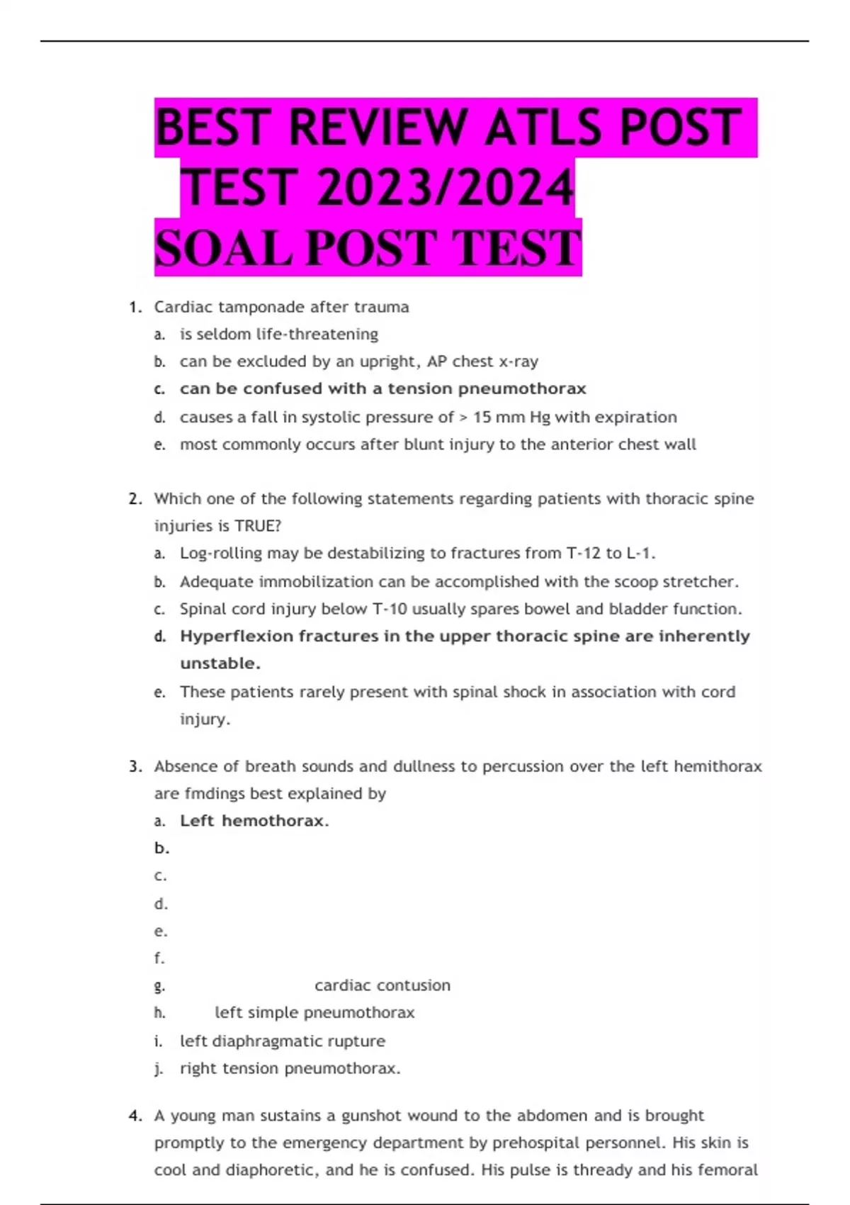 BEST REVIEW ATLS POST TEST 2023 2024 SOAL POST TEST ATLS Stuvia US