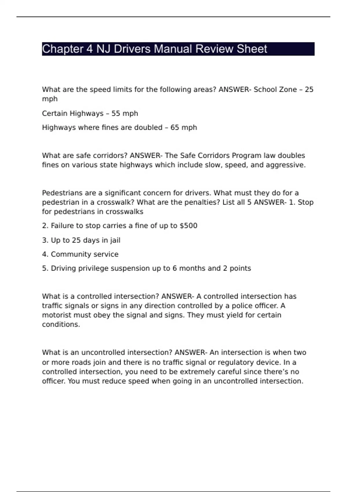 Chapter 4 NJ Drivers Manual Review Sheet|Questions with complete ...