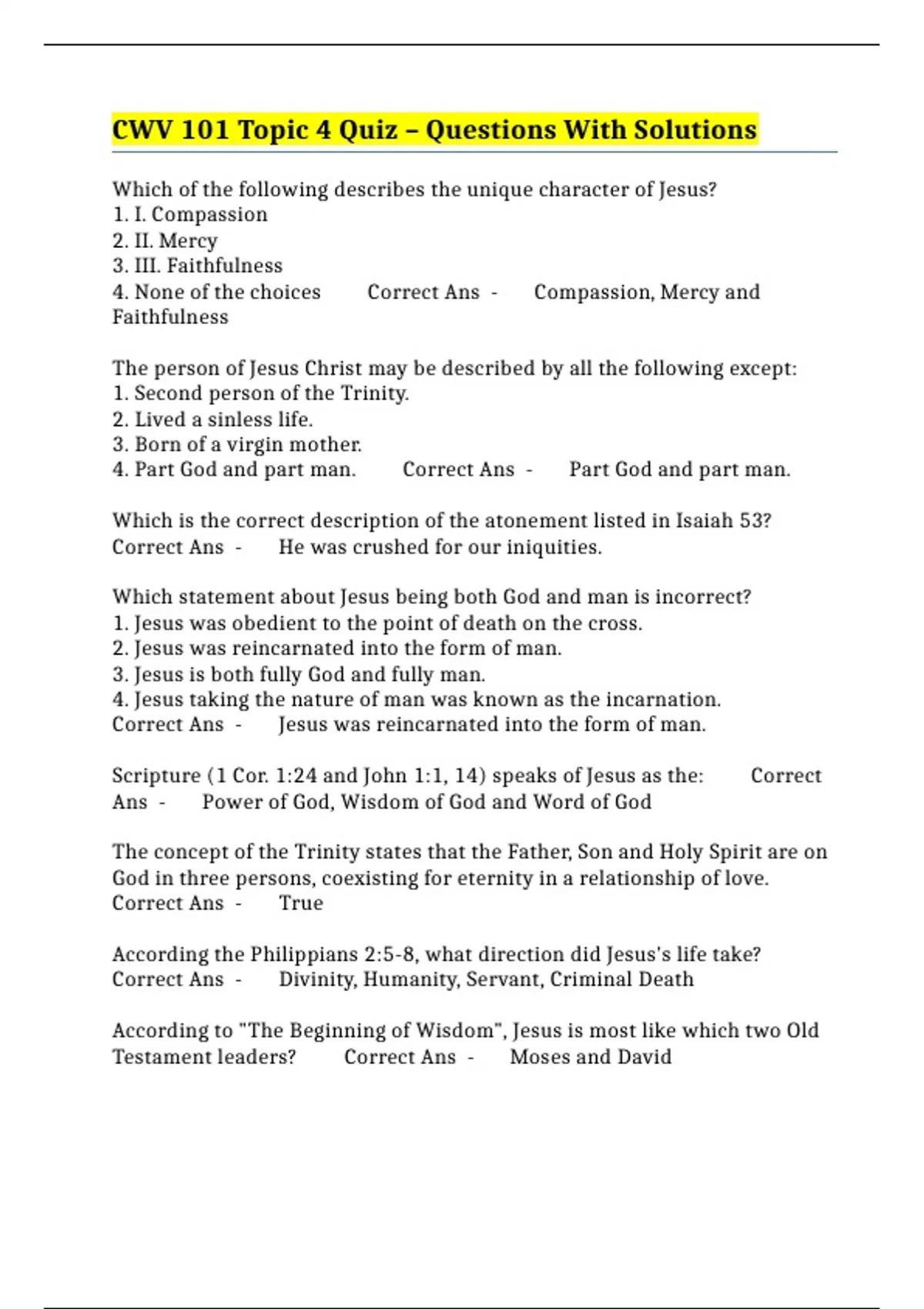 CWV 101 Topic 4 Quiz – Questions With Solutions - CWV-101 - Stuvia US