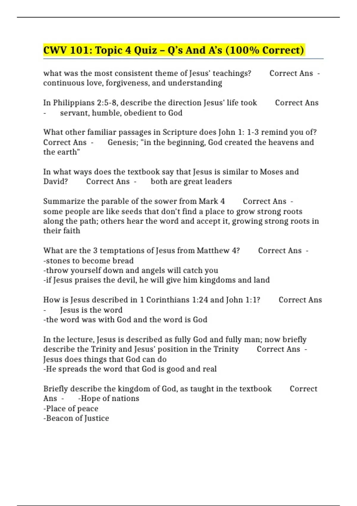 CWV 101: Topic 4 Quiz – Q’s And A’s (100% Correct) - CWV-101 - Stuvia