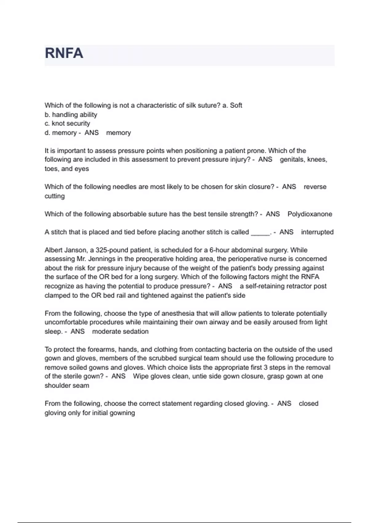 RNFA Exam Questions And Answers All Verified - RNFA - Stuvia US