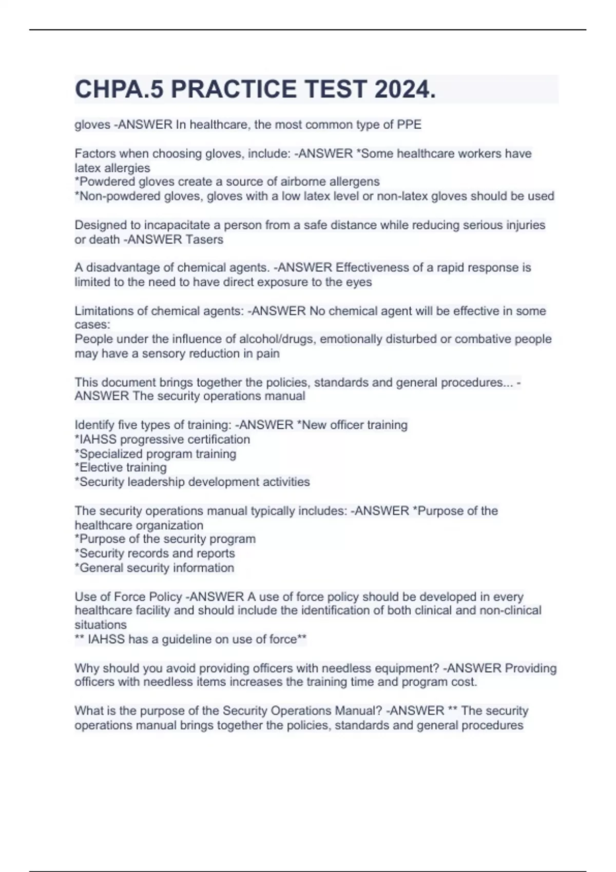 CHPA.5 PRACTICE TEST 2024. - IAHSS. - Stuvia US
