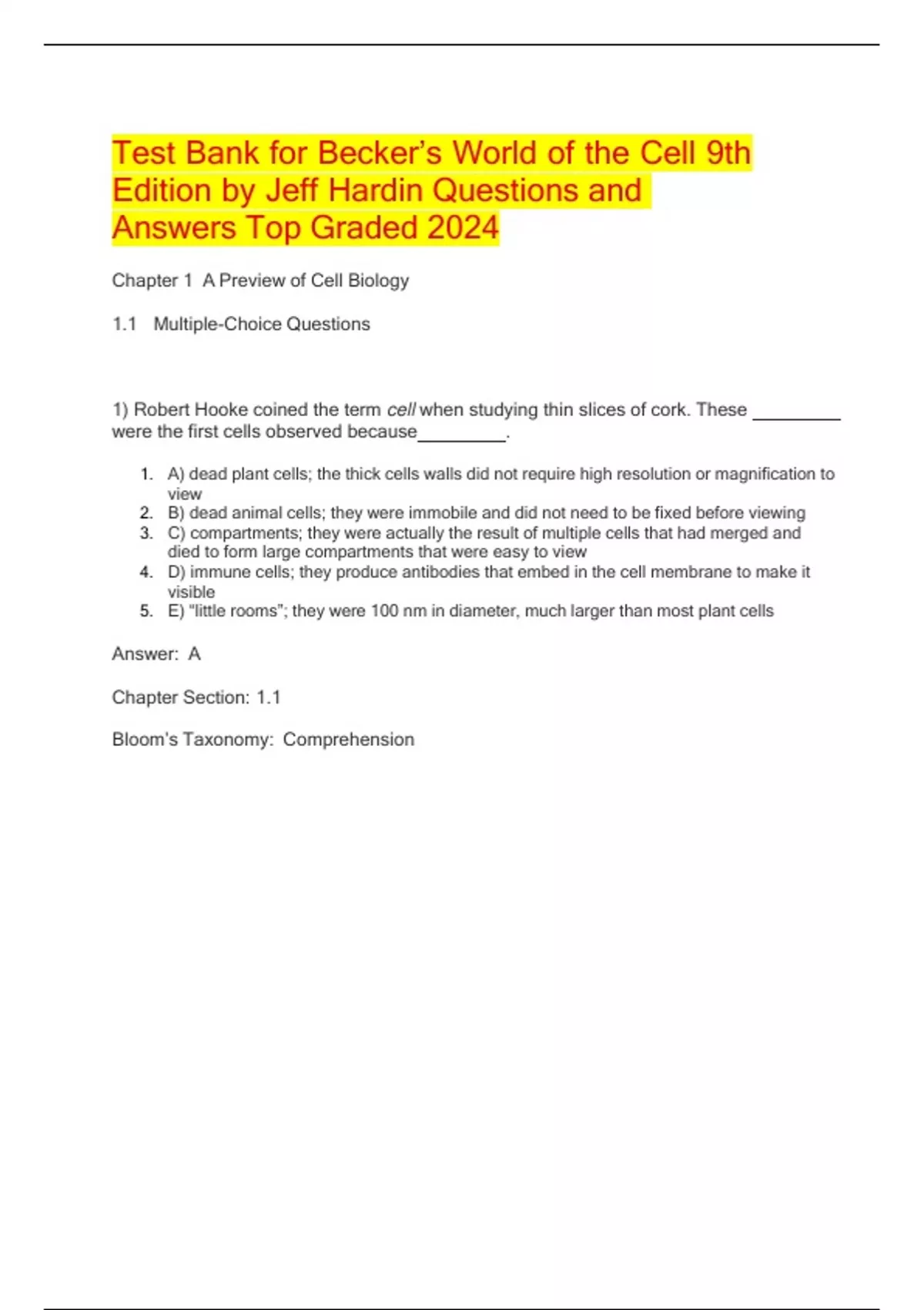 Test Bank for Becker’s World of the Cell 9th Edition by Jeff Hardin ...