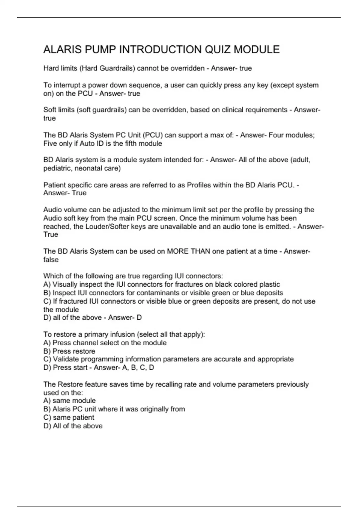 ALARIS PUMP INTRODUCTION QUIZ MODULE - ALARIS PUMP INTRODUCTION - Stuvia US