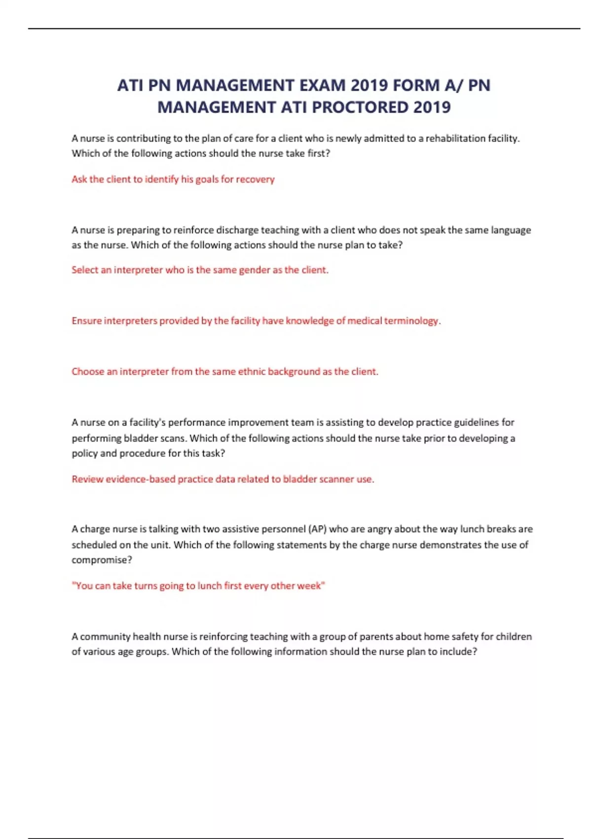 ATI PN MANAGEMENT EXAM 2019 FORM A/ PN MANAGEMENT ATI PROCTORED 2019 ...