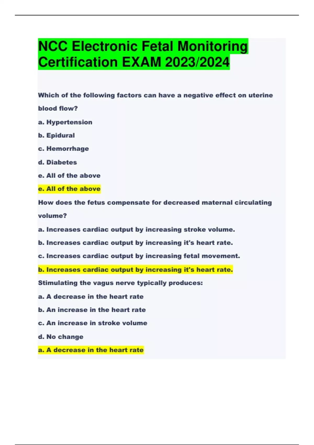 NCC Electronic Fetal Monitoring Certification EXAM 2023/2024 - Ncc efm - Stuvia US
