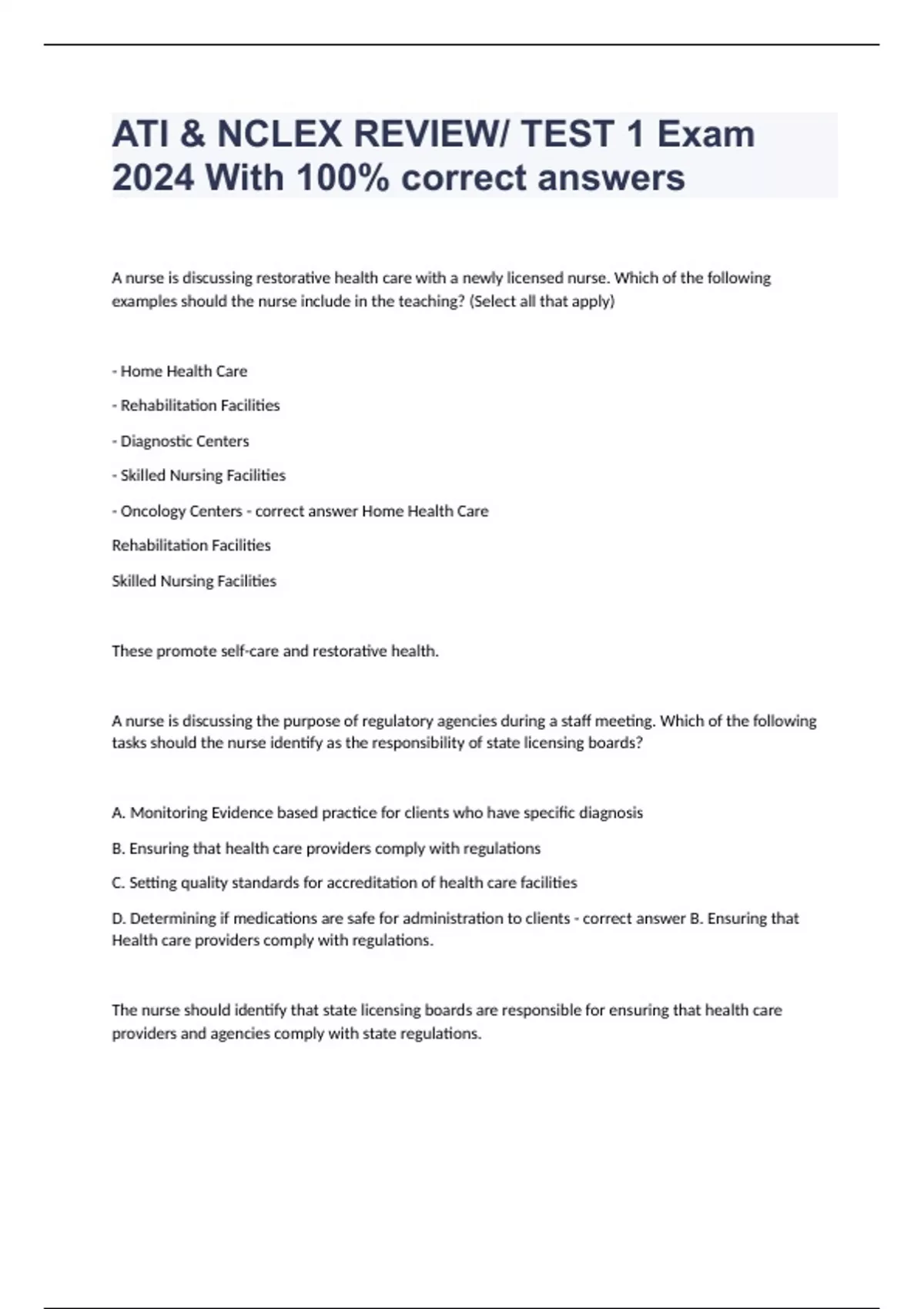 ATI & NCLEX REVIEW/ TEST 1 Exam 2024 With 100% correct answers - ATI ...