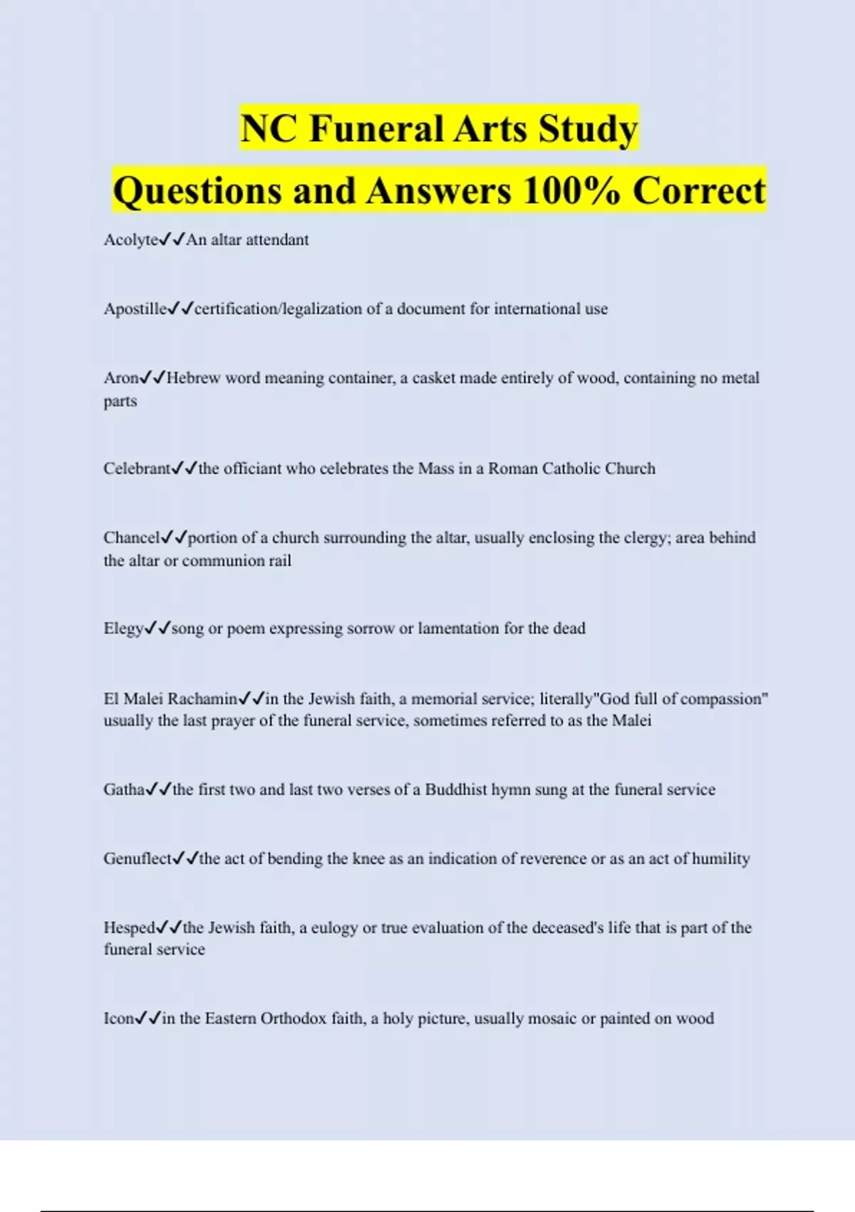 NC Funeral Arts Study Questions and Answers 100% Correct - NC Funeral ...