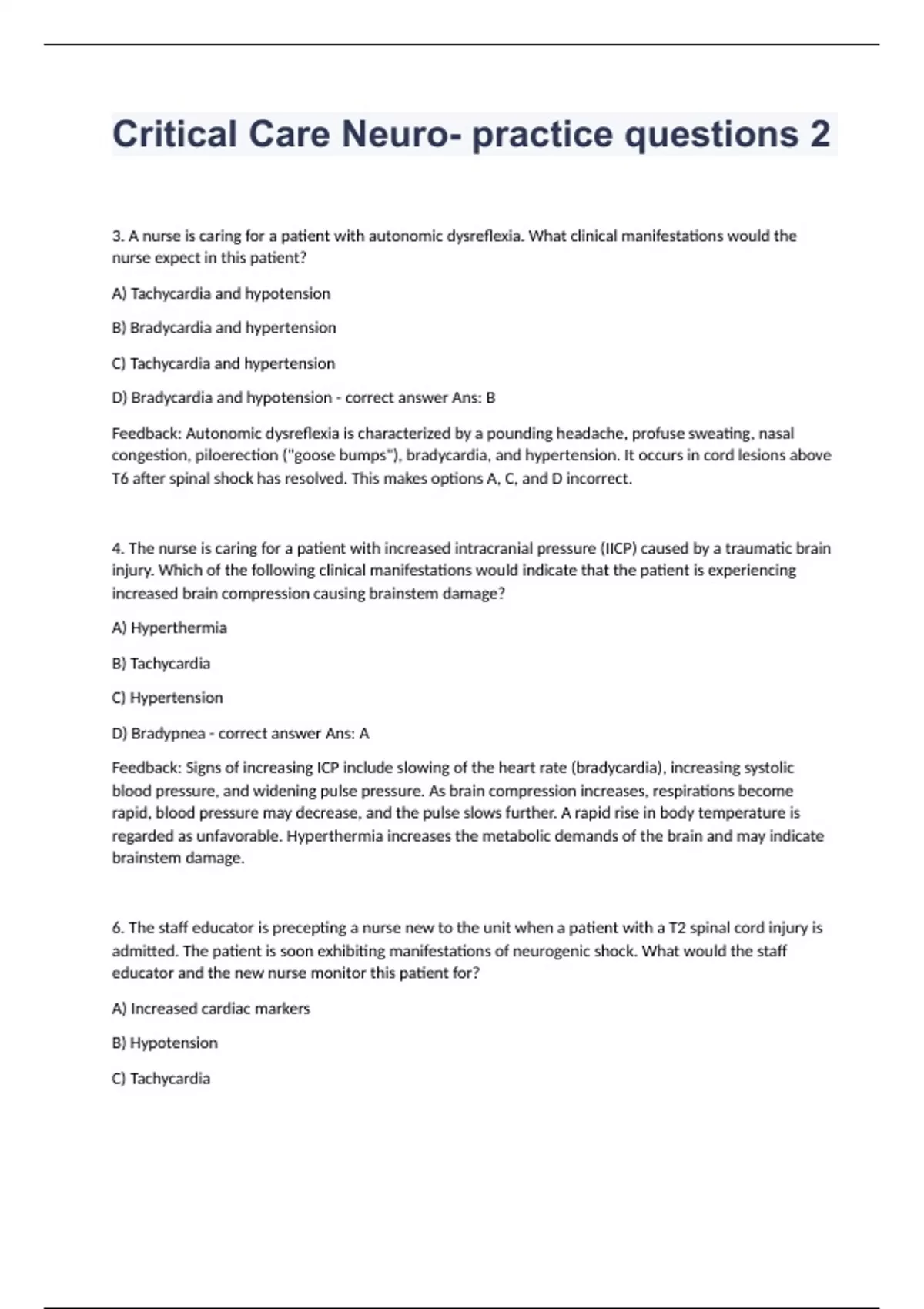 Critical Care Neuro- practice questions 2 fully solved 2023/2024 - BMC ...