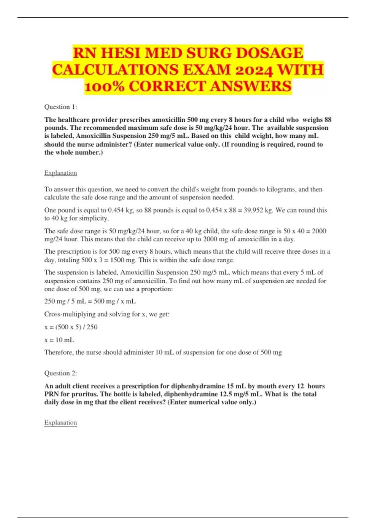 RN HESI MED SURG DOSAGE CALCULATIONS EXAM 2024 WITH 100% CORRECT ...