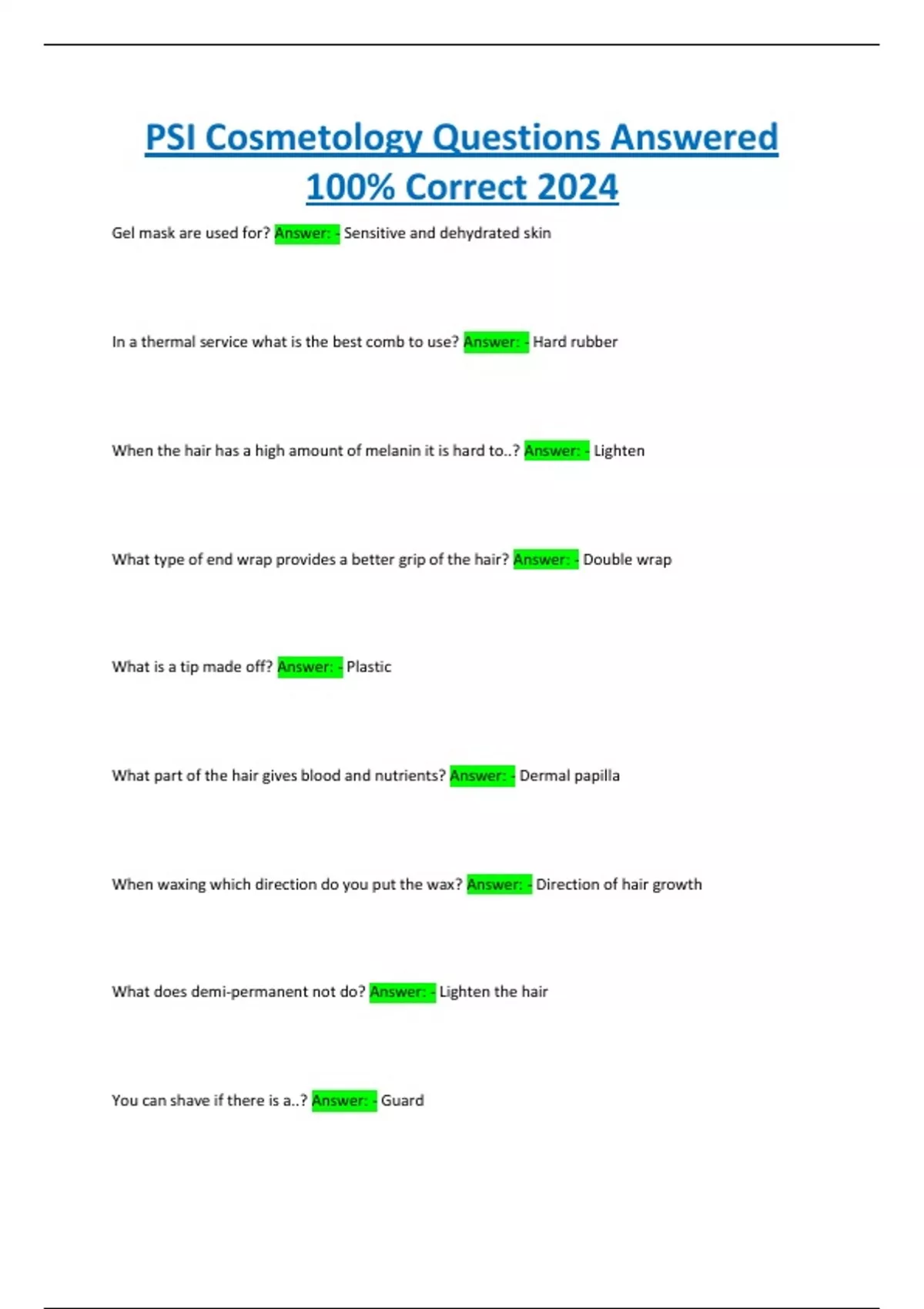 PSI Cosmetology Questions Answered 100% Correct 2024 - PSI Cosmetology ...