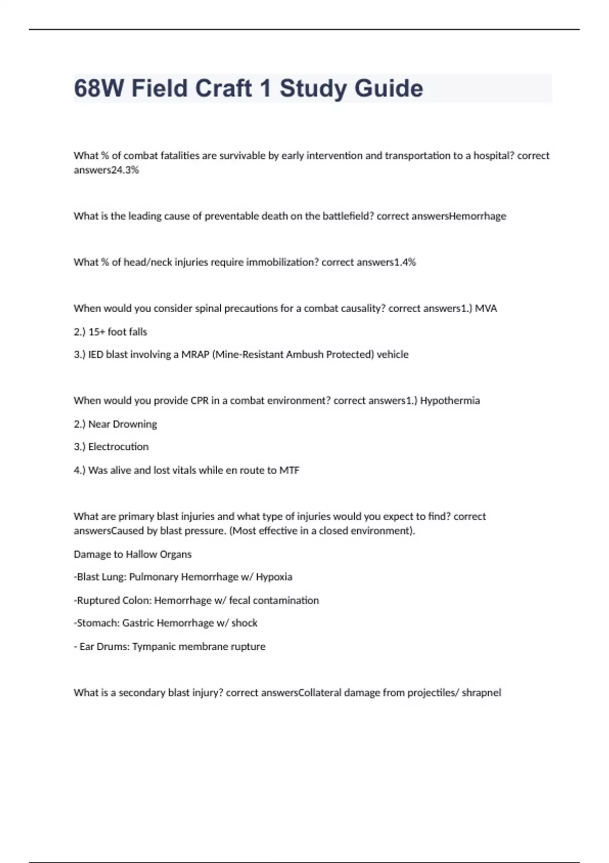 68W Field Craft 1 Study Guide with 100% correct answers - 68W Field Craft 1 Study G - Stuvia US