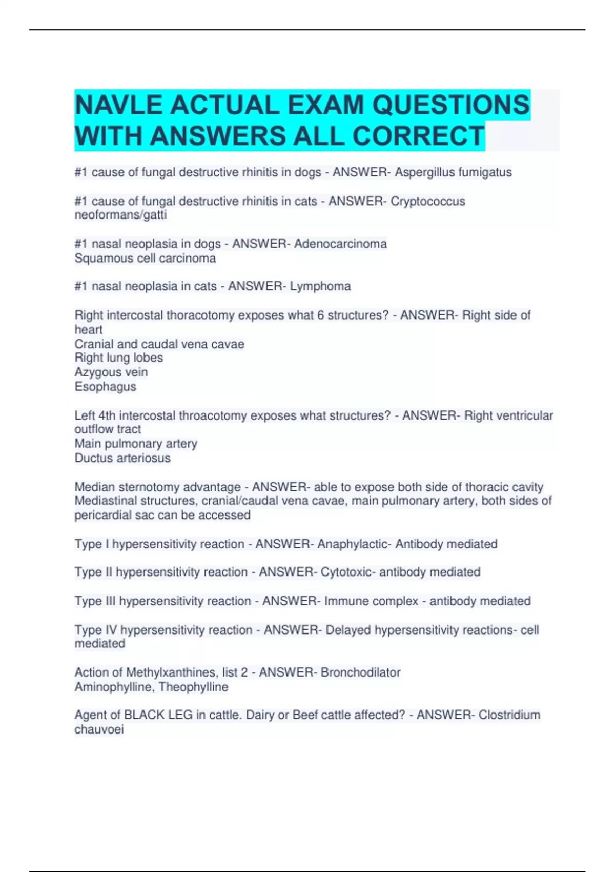 NAVLE ACTUAL EXAM QUESTIONS WITH ANSWERS ALL CORRECT - NAVLE ACTUAL EXA ...