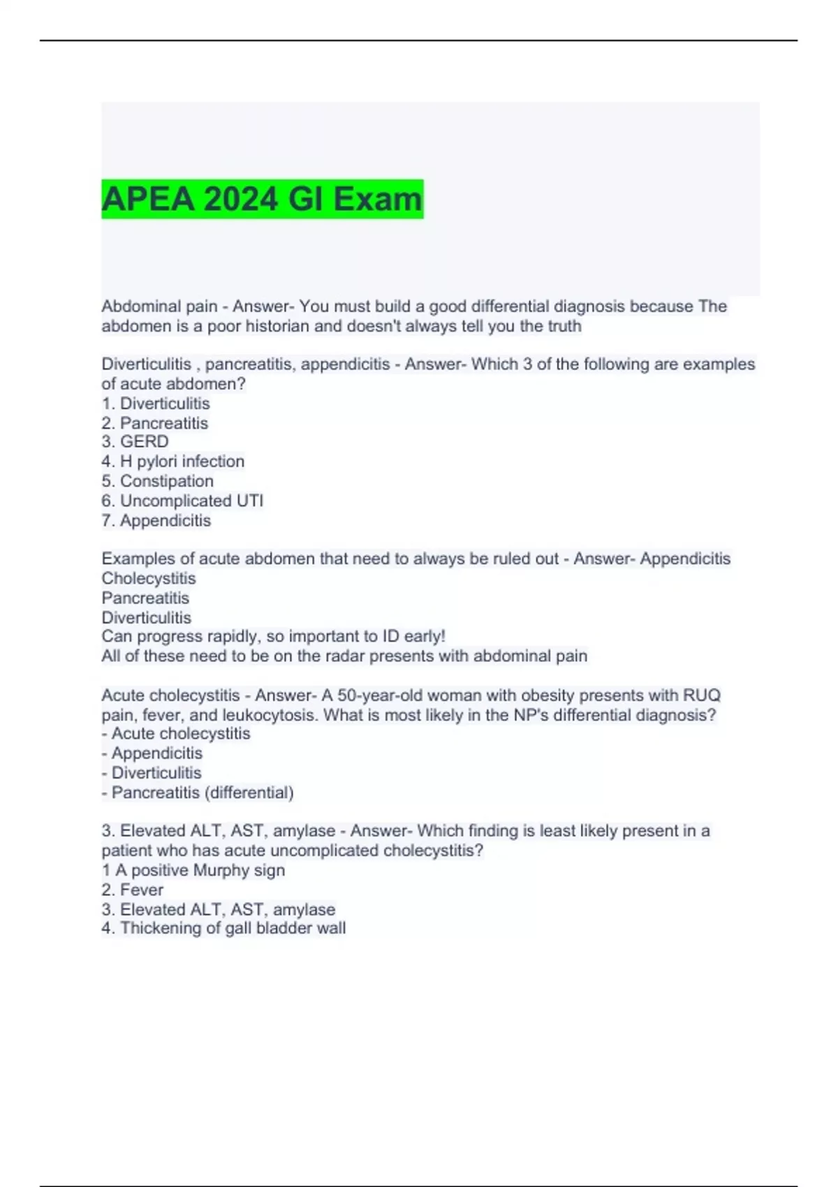 APEA 2024 GI Exam Questions and Answers - APEA - Stuvia US