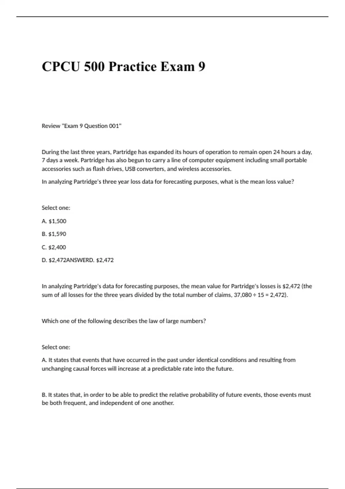 CPCU 500 Practice Exam 9 Questions and Answers 2024 Latest Edition ...