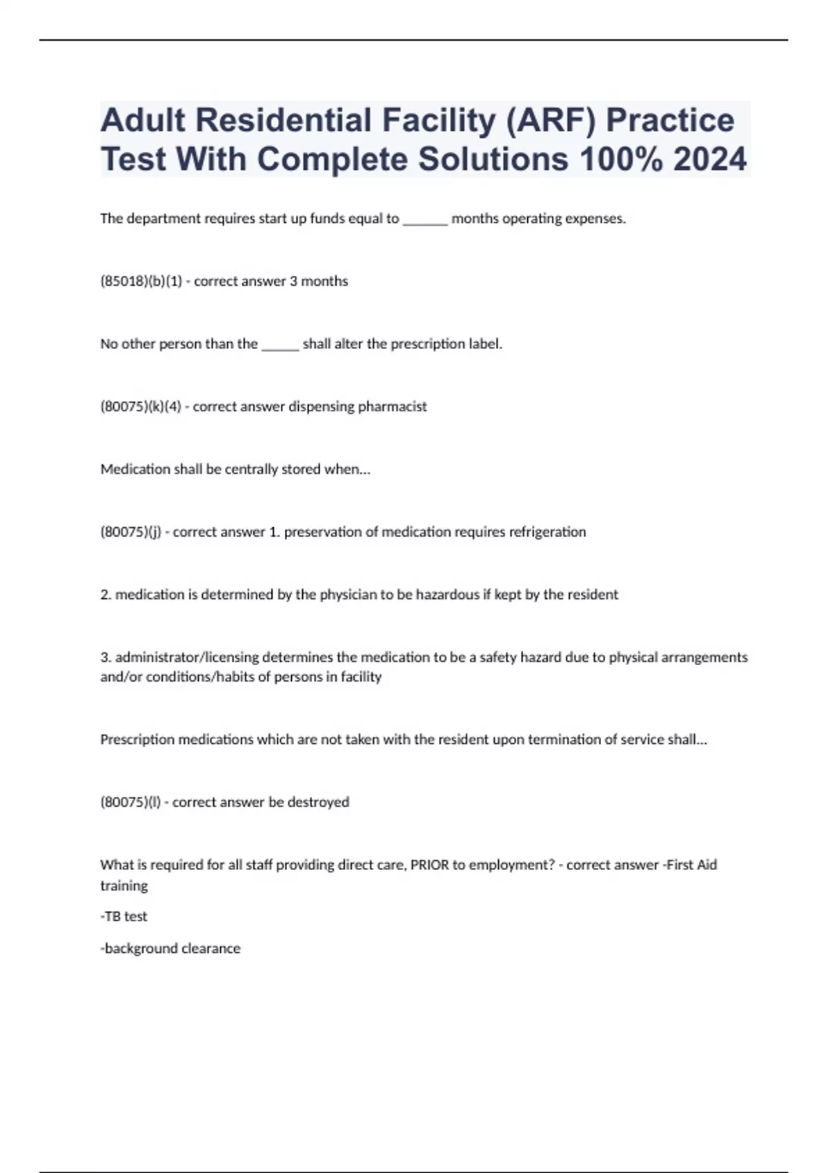 Adult Residential Facility (ARF) Practice Test With Complete Solutions ...
