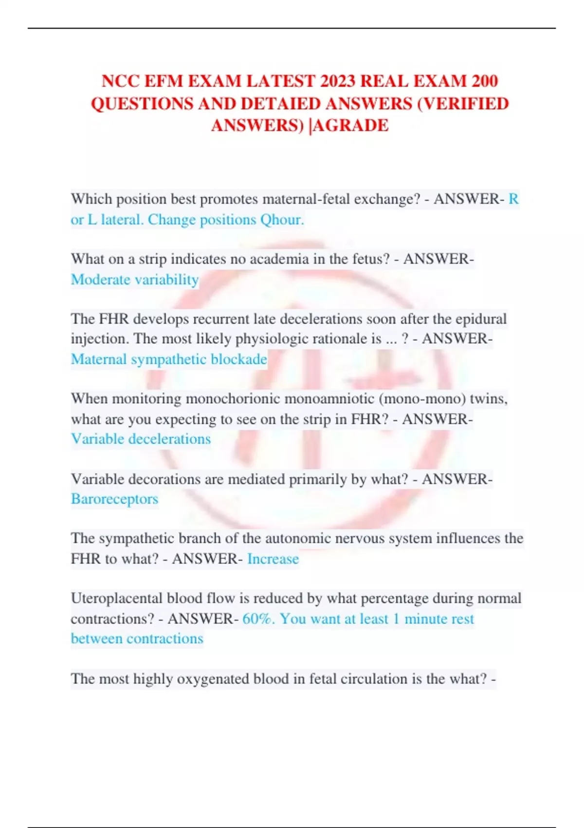 Bundle for NCC EFM PRACTICE EXAM 2023/2024 100 QUESTIONS AND 100% ...