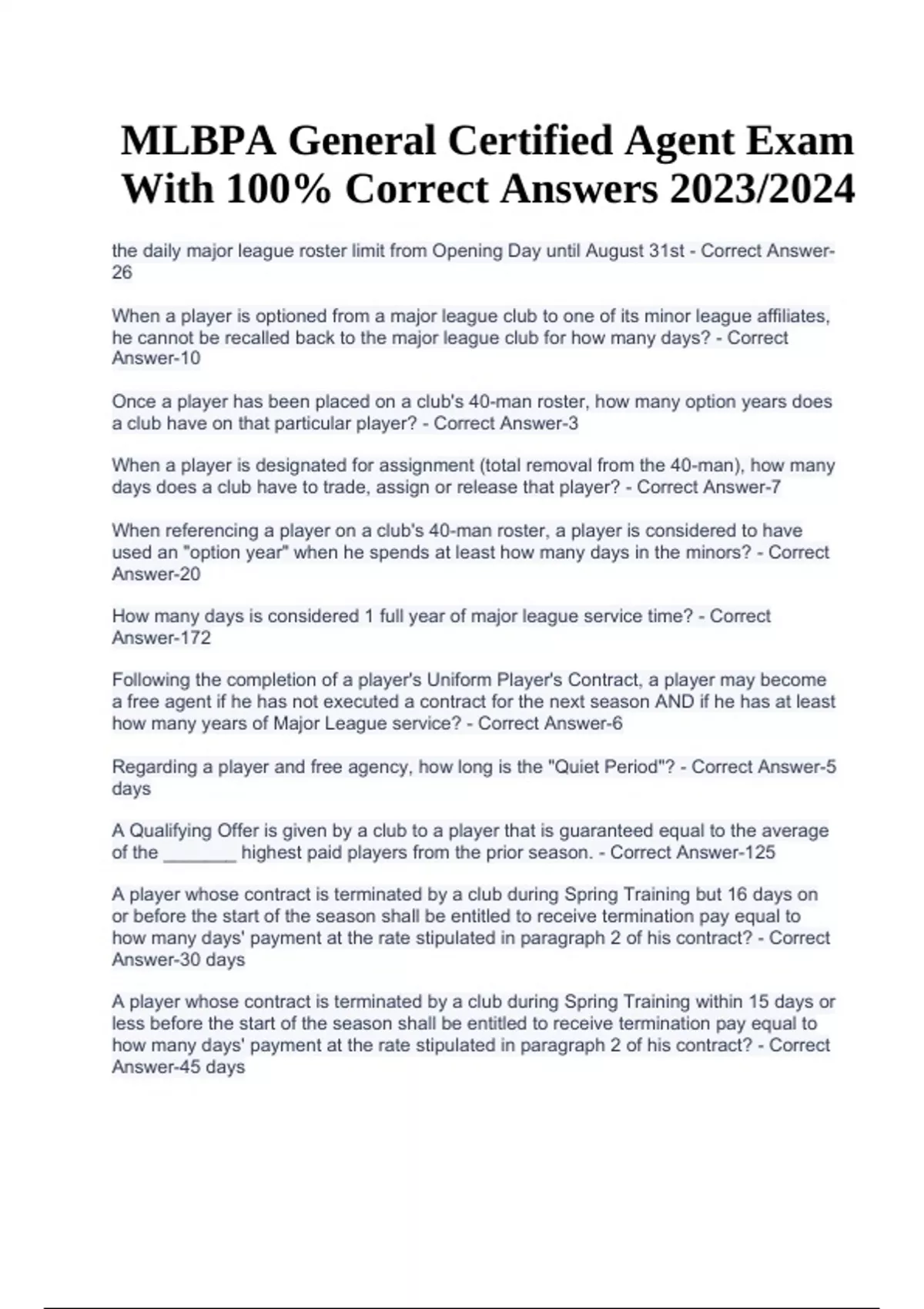 MLBPA General Certified Agent Exam With 100% Correct Answers 2023/2024 ...