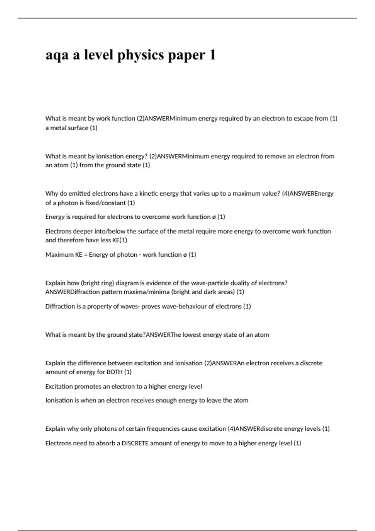 aqa a level physics paper 1 Verified Questions and Answers 2024 Latest ...