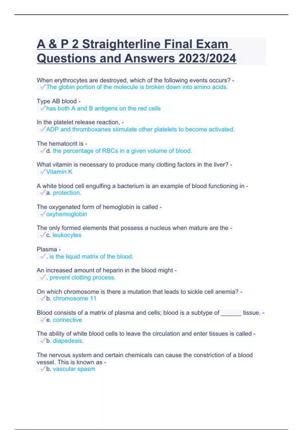 A & P 2 Straighterline Final Exam Questions and Answers - A & P - Stuvia US