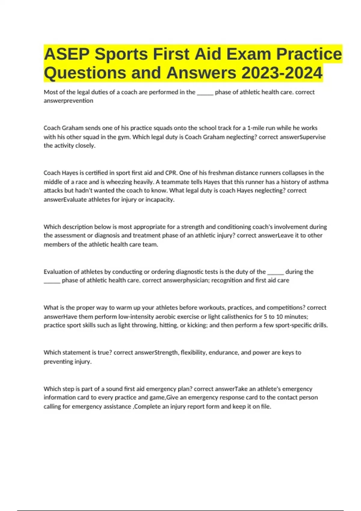 ASEP Sports First Aid Exam Questions With Answers Latest Updated 2024 ...