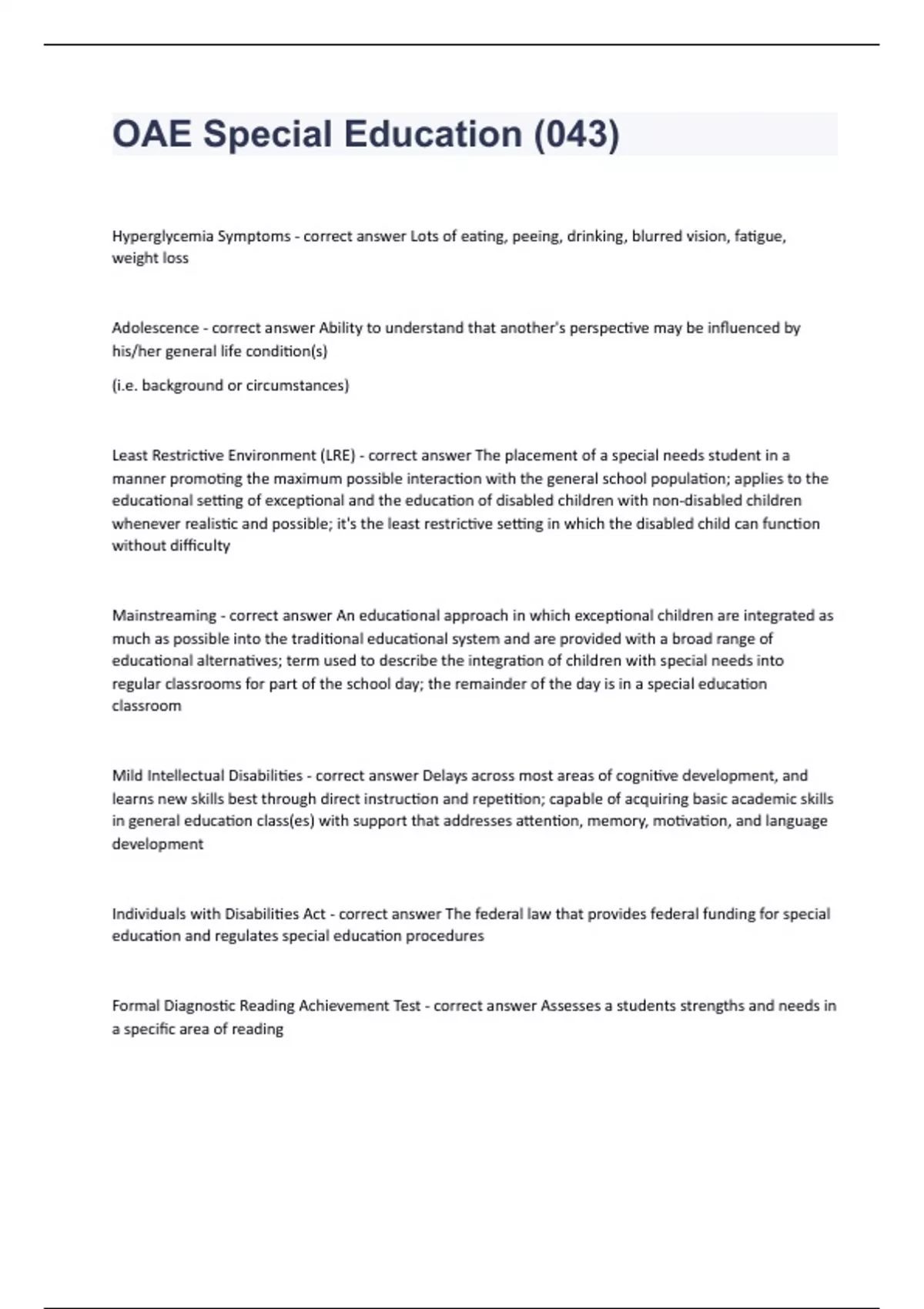 OAE Special Education (043) Question and answers 100% correct 2023/2024 ...