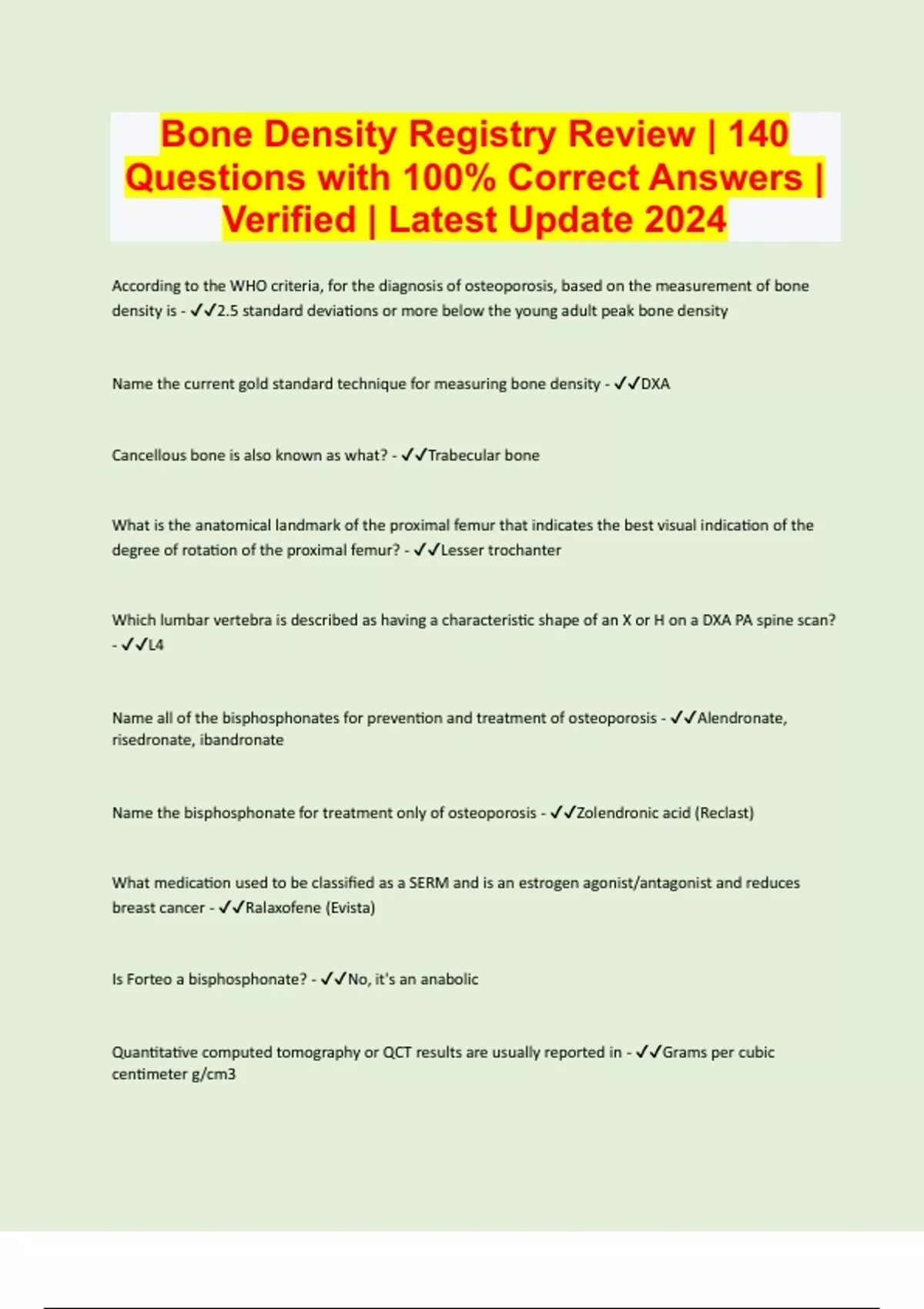 Bone Density Registry Review | 140 Questions with 100% Correct Answers ...