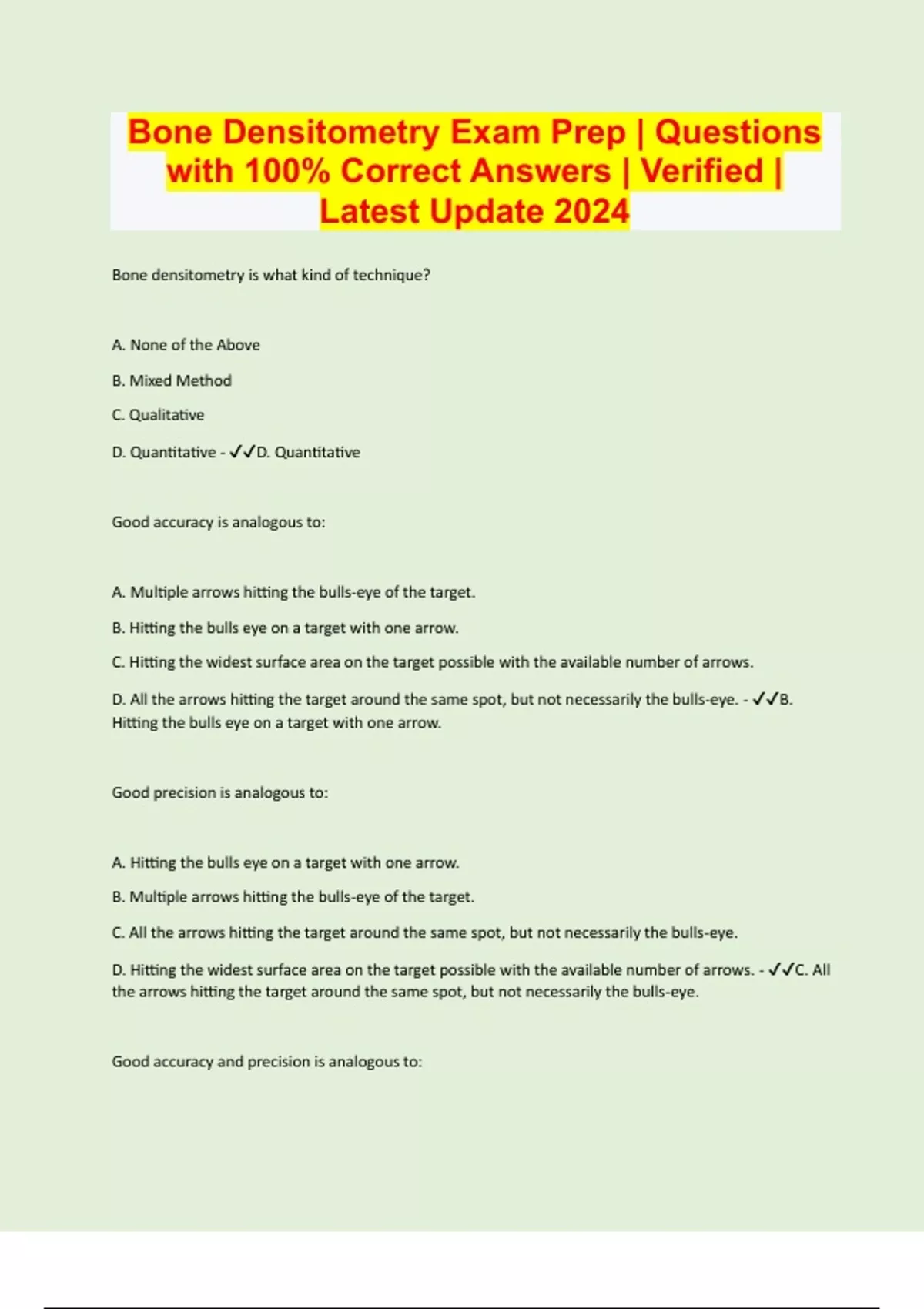 Bone Densitometry Exam Prep | Questions with 100% Correct Answers ...