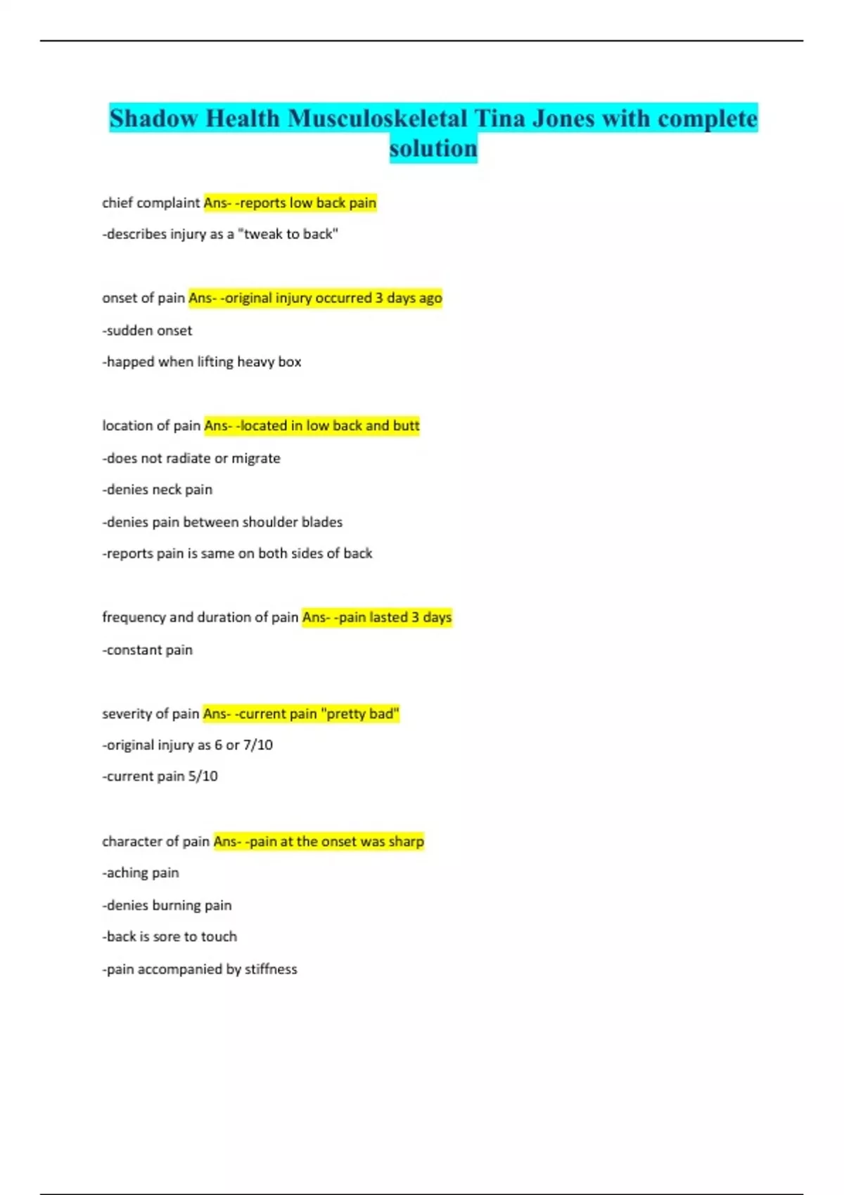 Shadow Health Musculoskeletal Tina Jones with complete solution ...