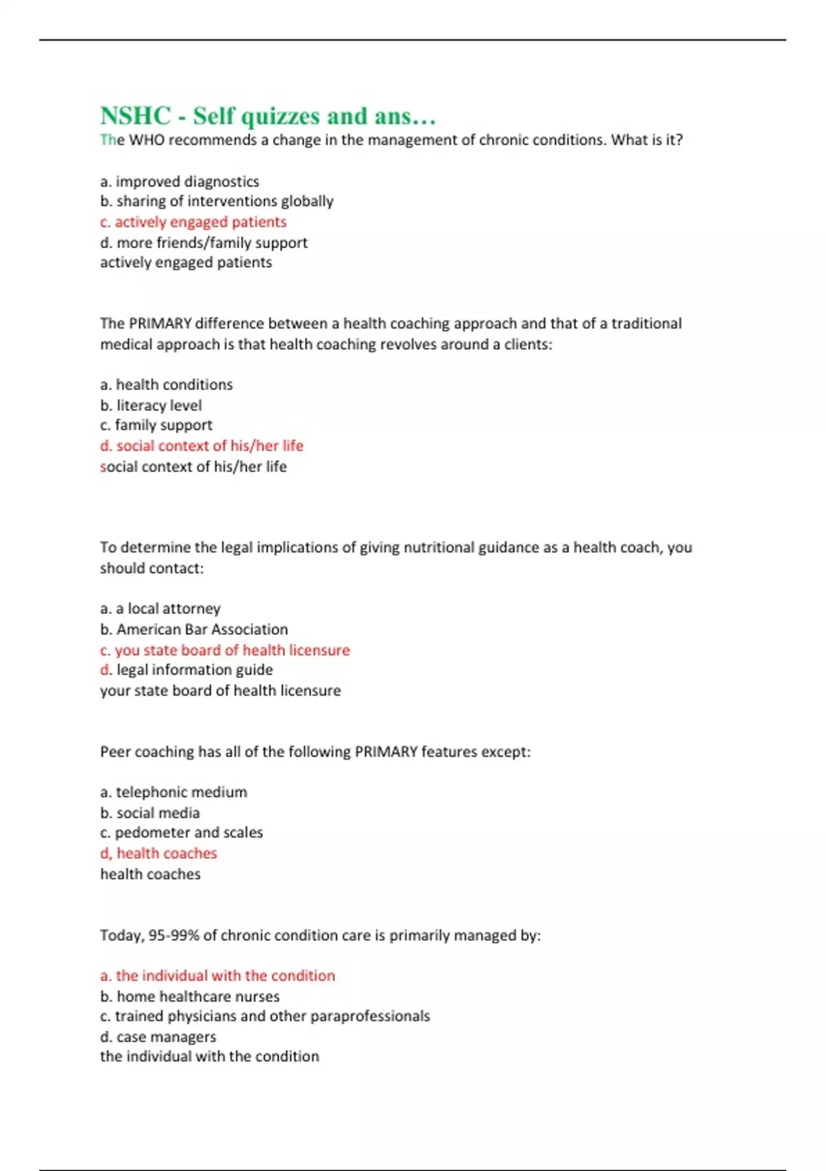 NSHC - Self quizzes with 42 Questions and Answers - NSHC - Stuvia US