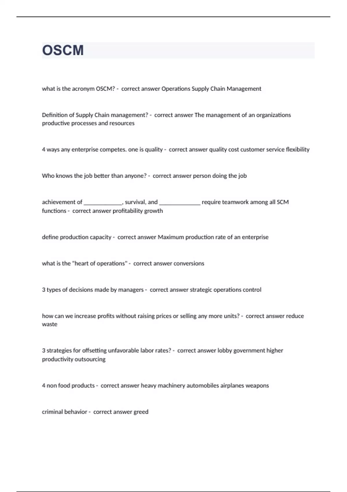 OSCM--. Questions with complete solution 2023/2024 - OSCM - Stuvia US