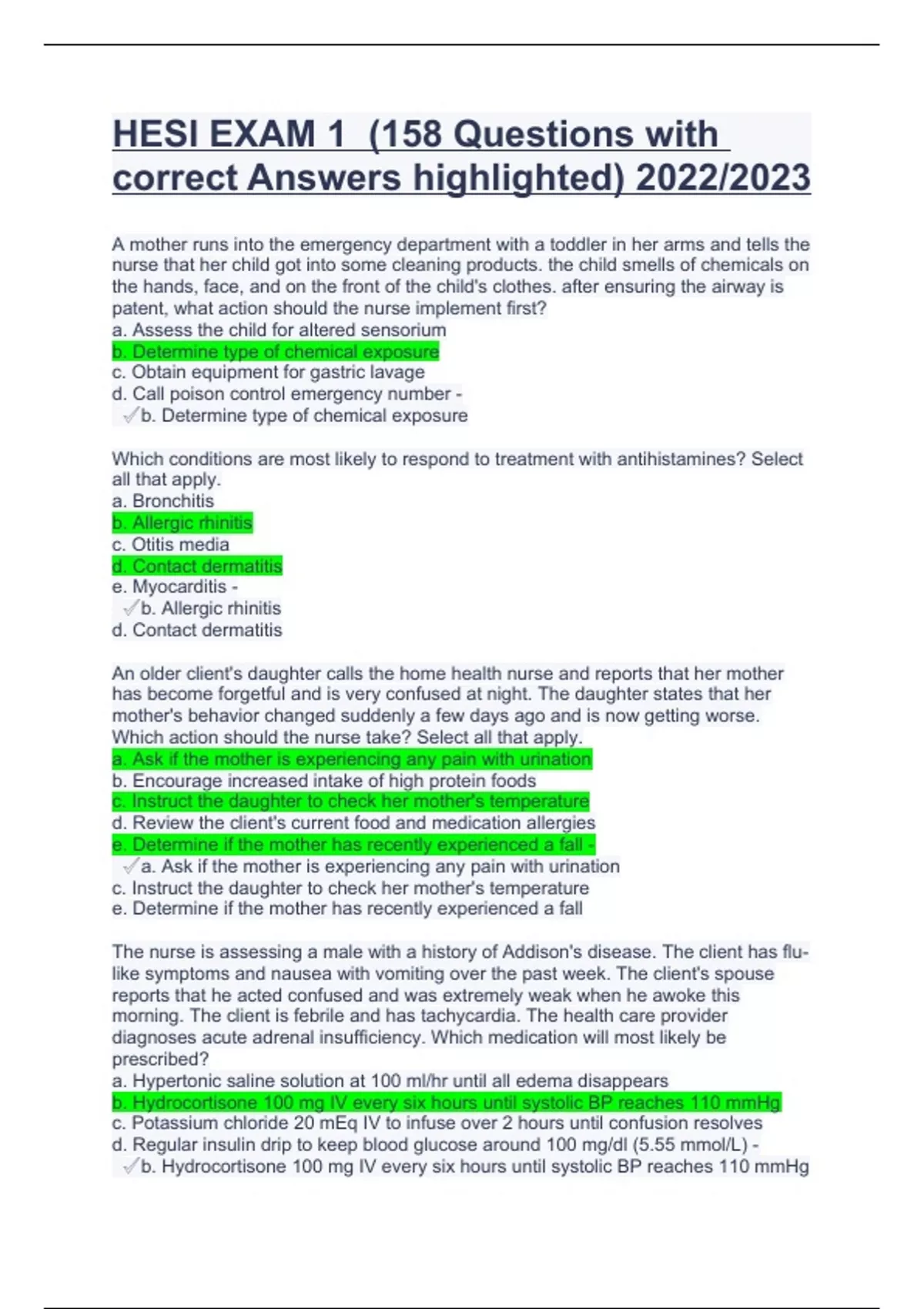 HESI EXAM 1 (158 Questions with correct Answers highlighted ...