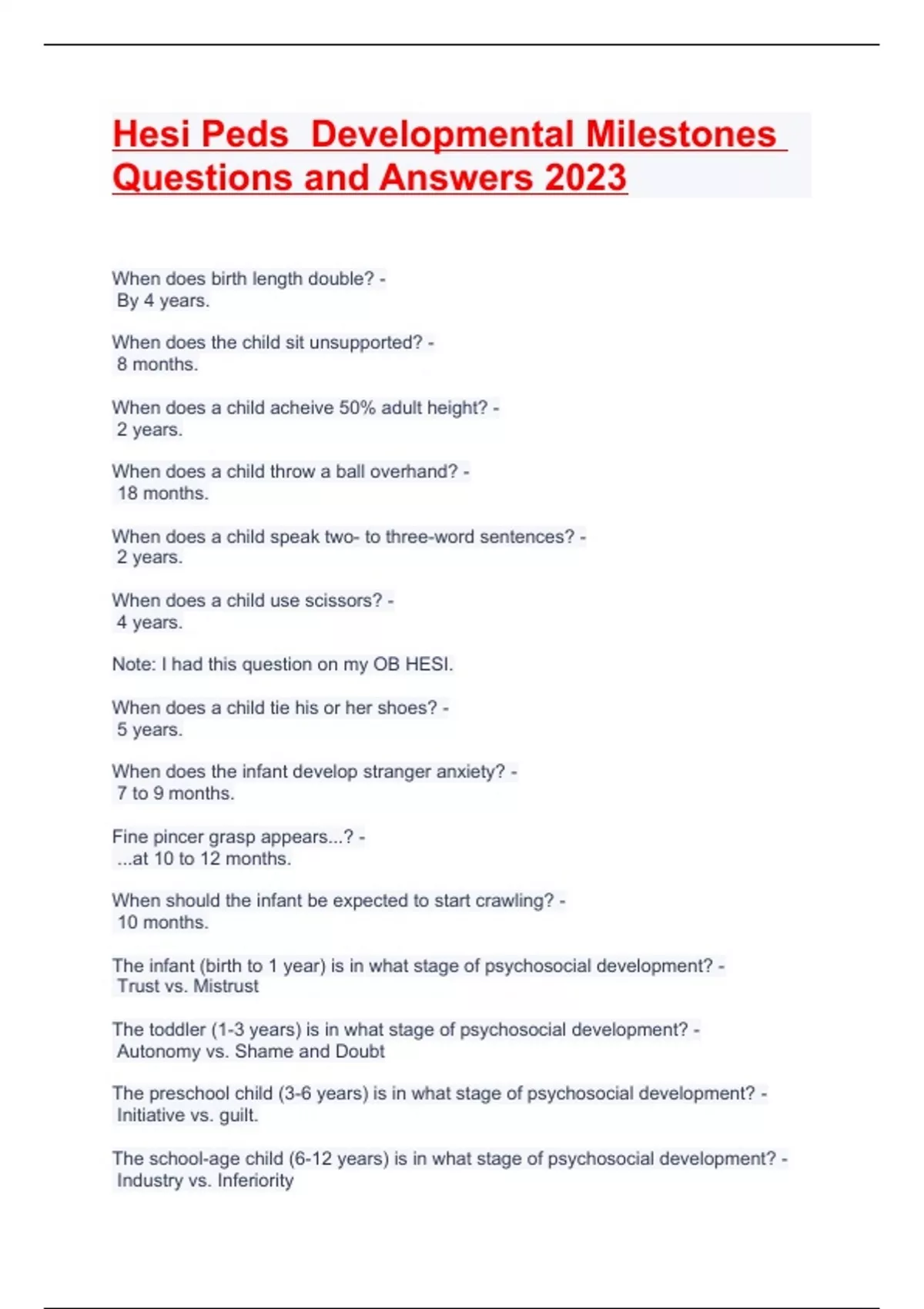 Hesi Peds Developmental Milestones Questions and Answers 2023 ...