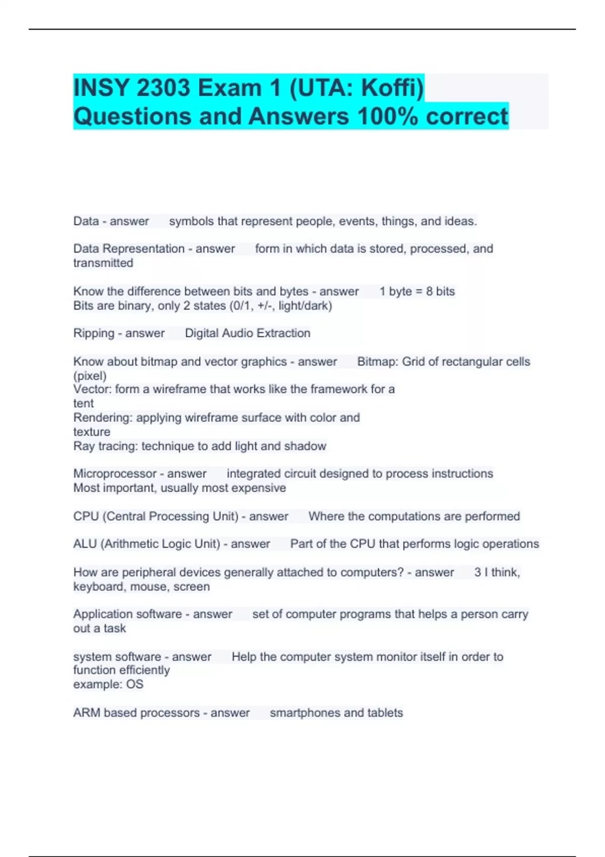 INSY 2303 Exam 1 (UTA: Koffi) Questions and Answers 100% correct - INSY - Stuvia US