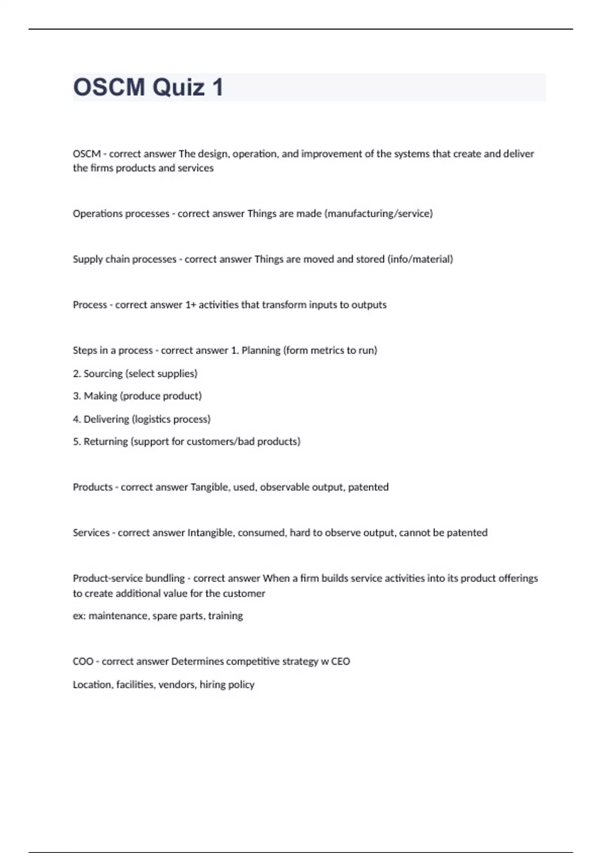OSCM Quiz 1 Question and answers 100% correct 2023/2024 - OSCM - Stuvia UK