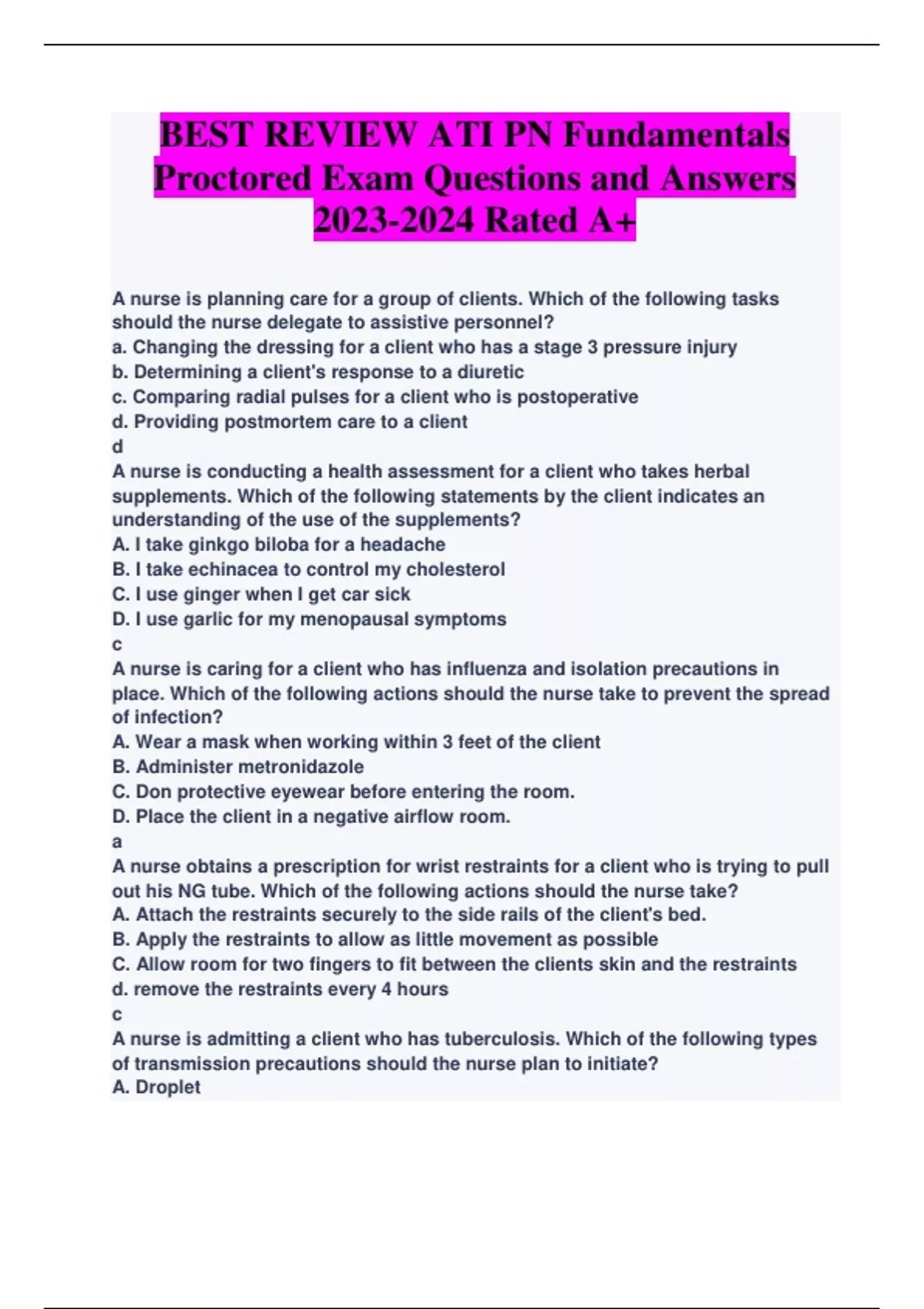 BEST REVIEW ATI PN Fundamentals Proctored Exam Questions and Answers ...