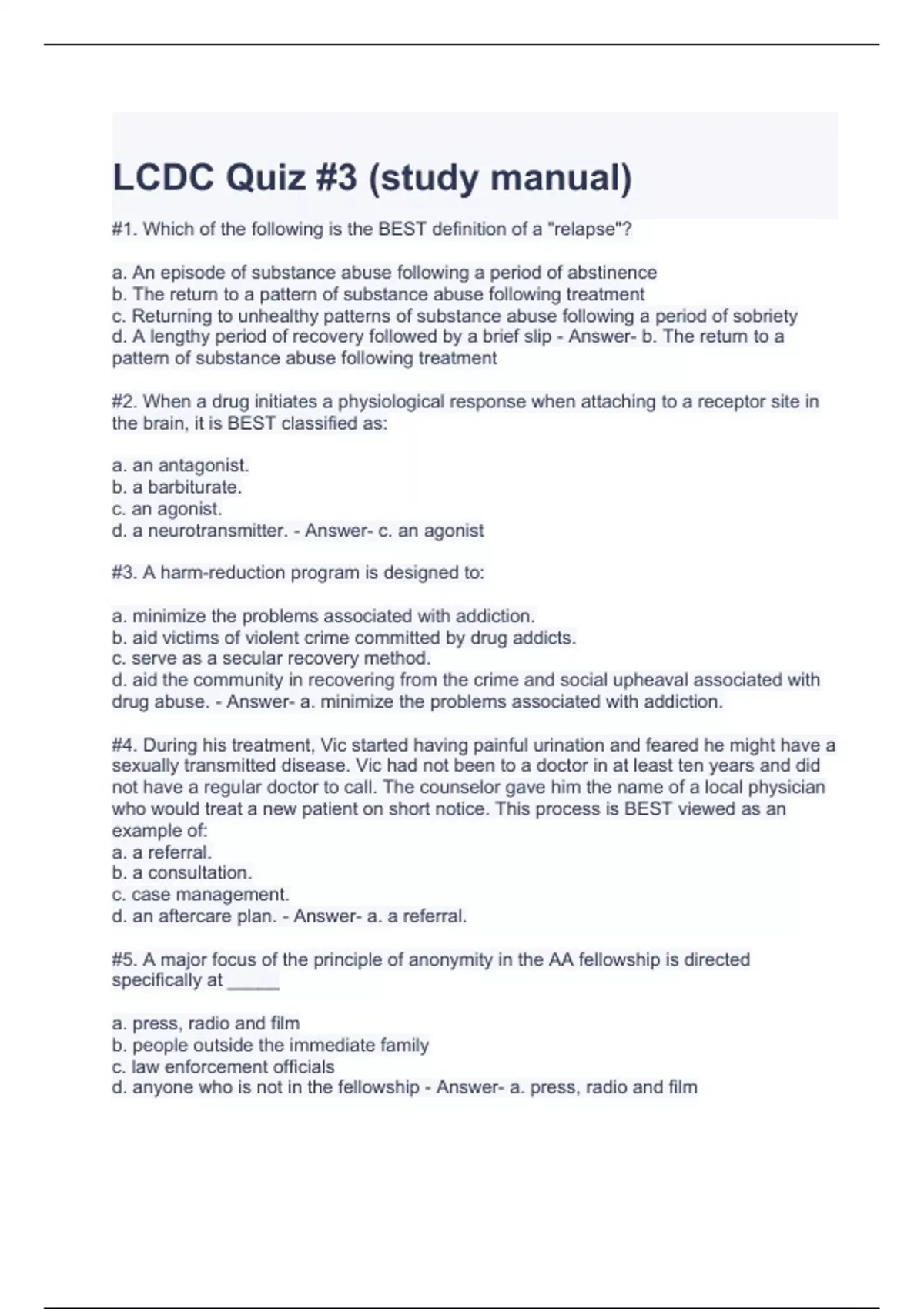 LCDC Quiz #3 (study manual) (Autosaved) with complete solutions - LCDC - Stuvia US