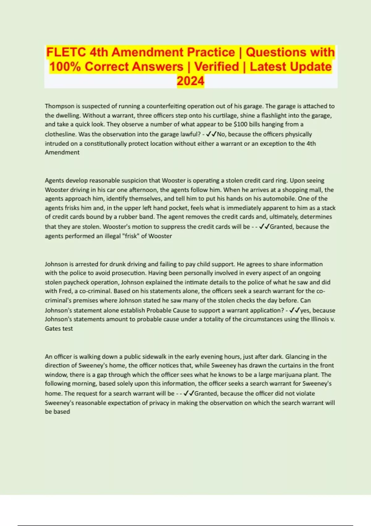 FLETC 4th Amendment Practice | Questions with 100% Correct Answers ...