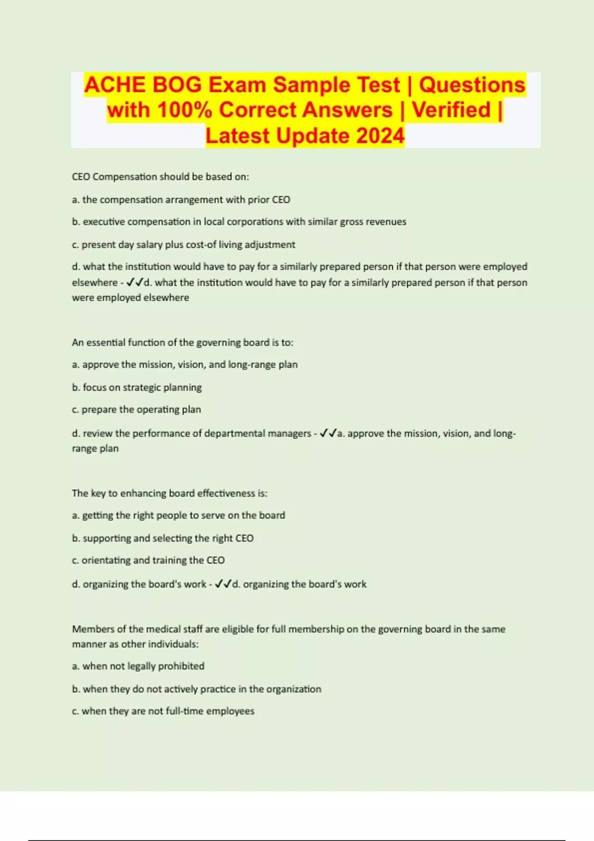 ACHE BOG Exam Sample Test | Questions with 100% Correct Answers ...