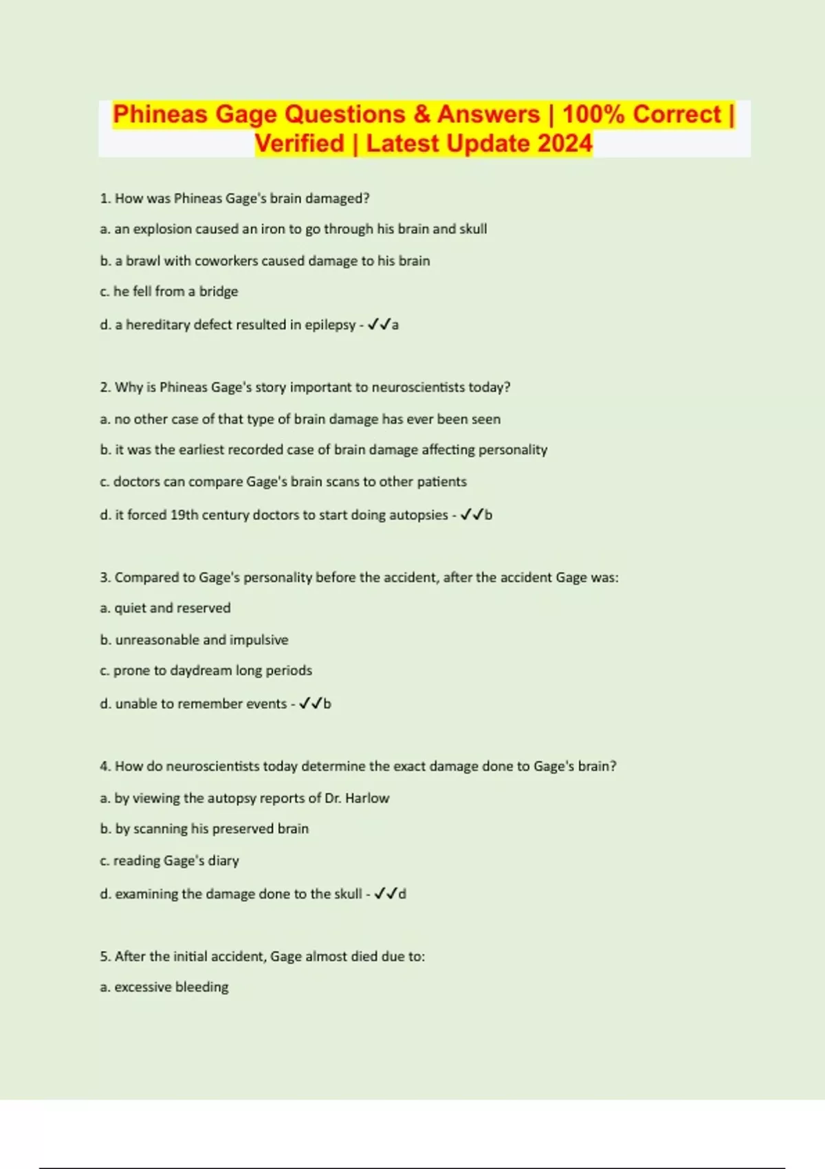 Phineas Gage Questions & Answers | 100% Correct | Verified | Latest ...