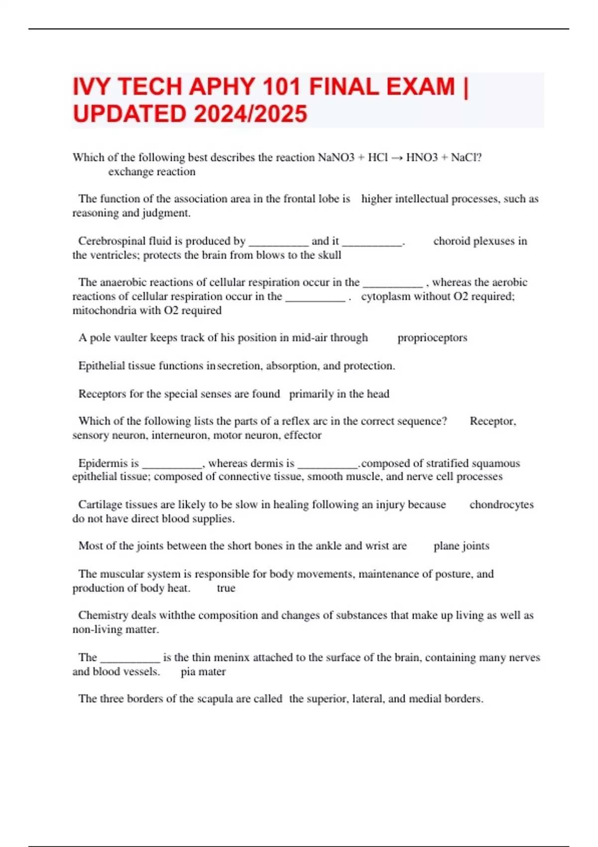 IVY TECH APHY 101 FINAL EXAM | UPDATED 2024/2025 - IVY TECH APHY 101 ...